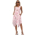 Binienty Sleeveless Sundress with Pink Floral Art, Asymmetric Hem Midi ...