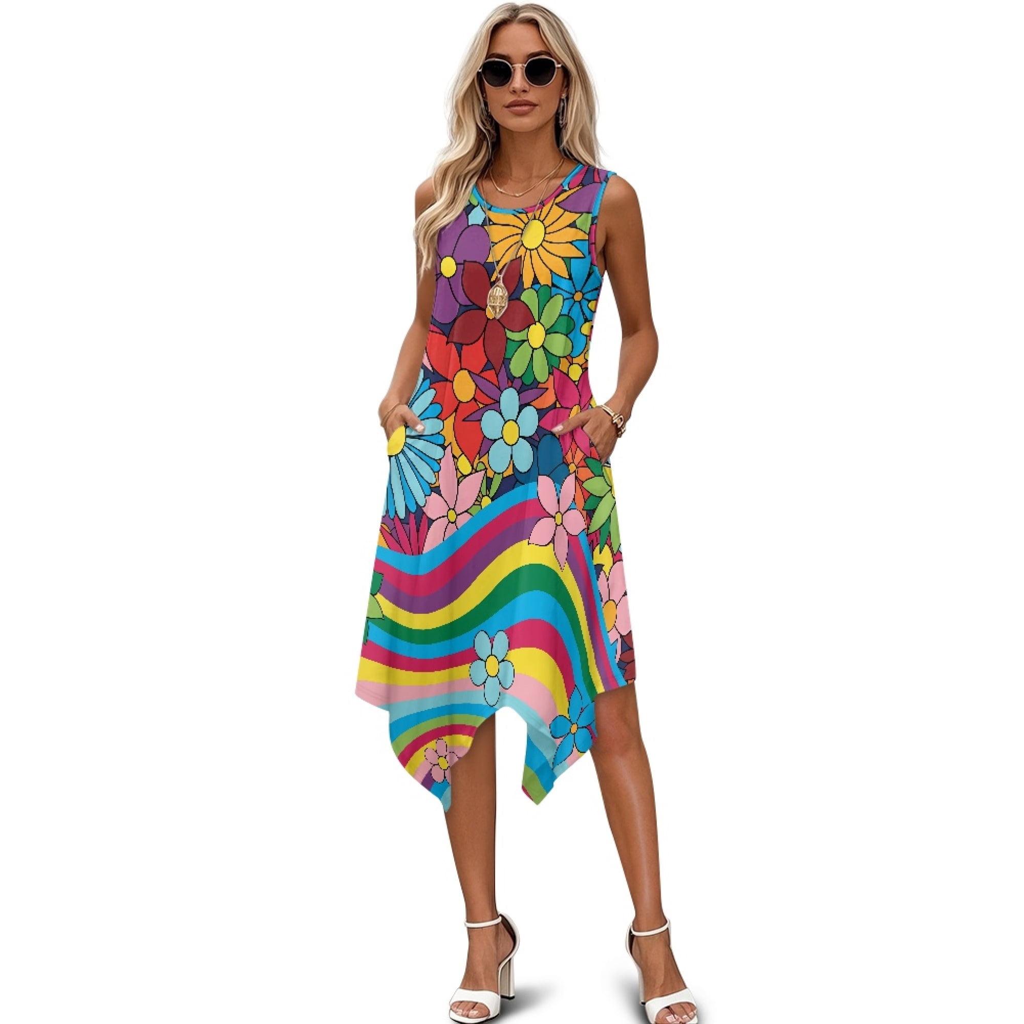 Binienty Sleeveless Sundress with Rainbow Floral, Asymmetric Hem Midi ...