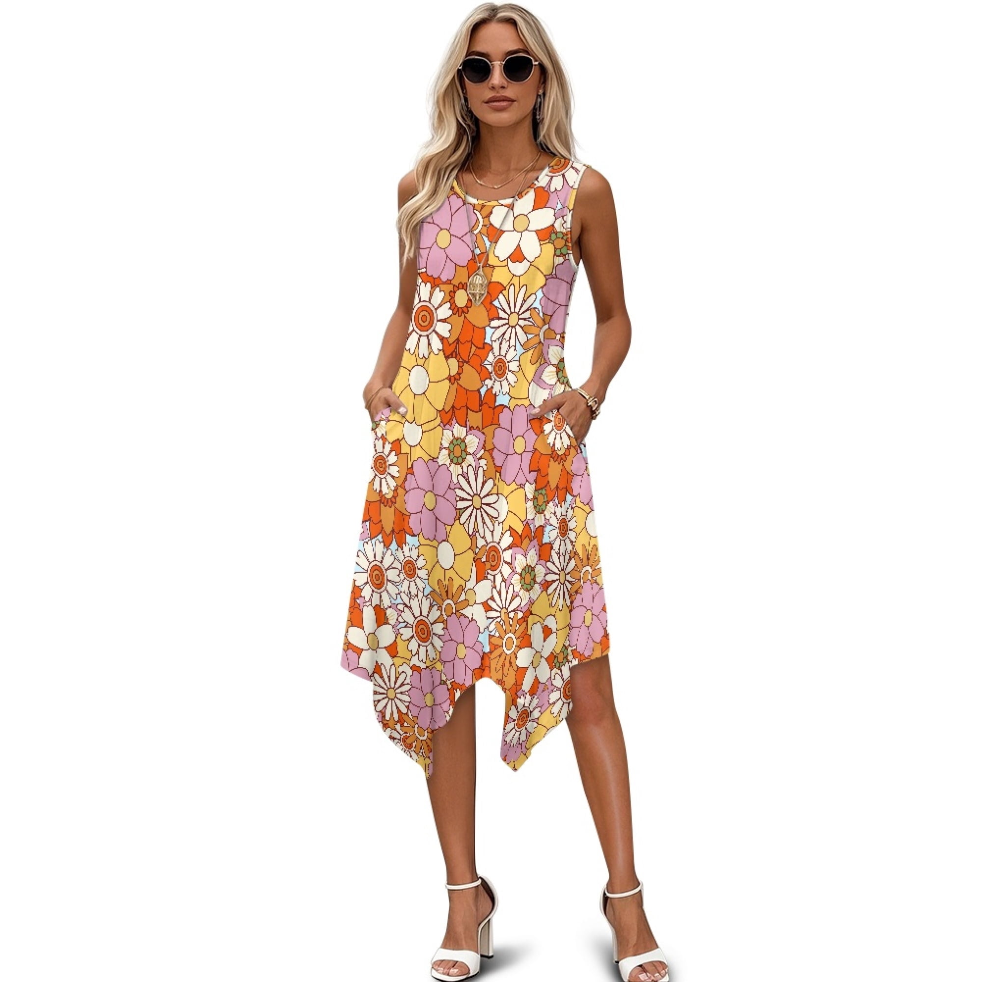 Binienty Sleeveless Sundress with Retro Floral Design, Asymmetric Hem ...