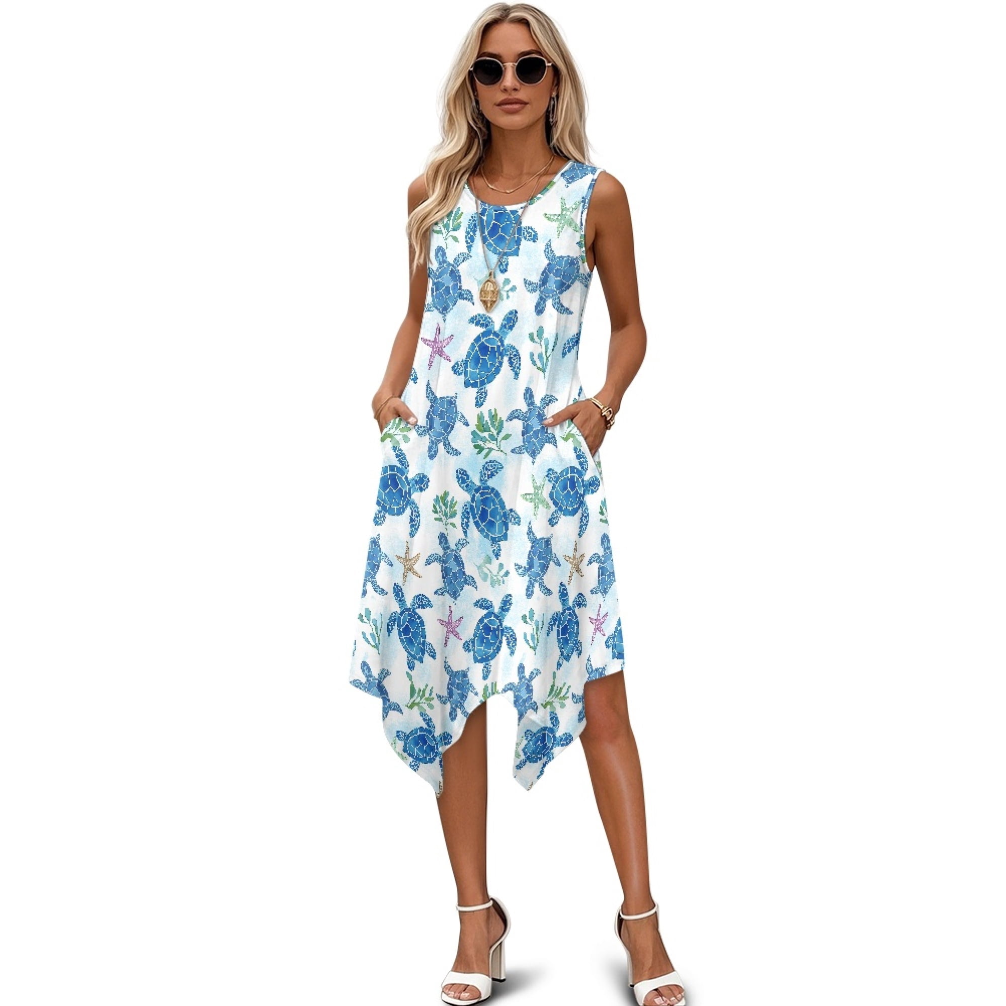 Binienty Sleeveless Sundress with Sea Turtle Print, Asymmetric Hem Midi ...