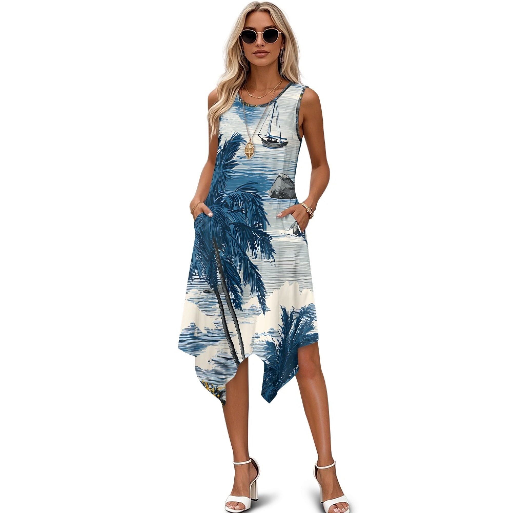 Binienty Sleeveless Sundress with Seaside Palm Print, Summer Irregular ...