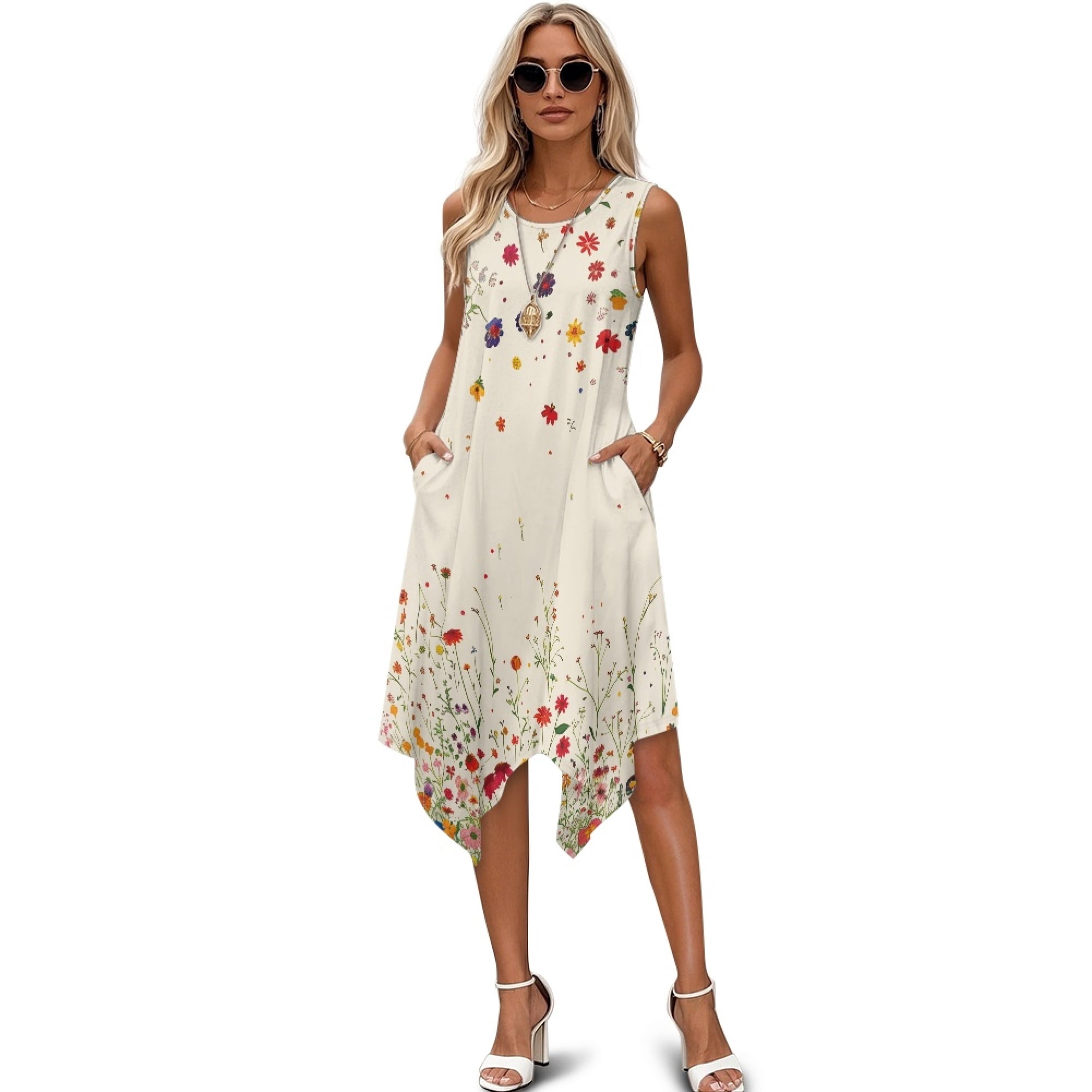 Binienty Sleeveless Sundress with Side Pockets, Asymmetric Hem Midi ...