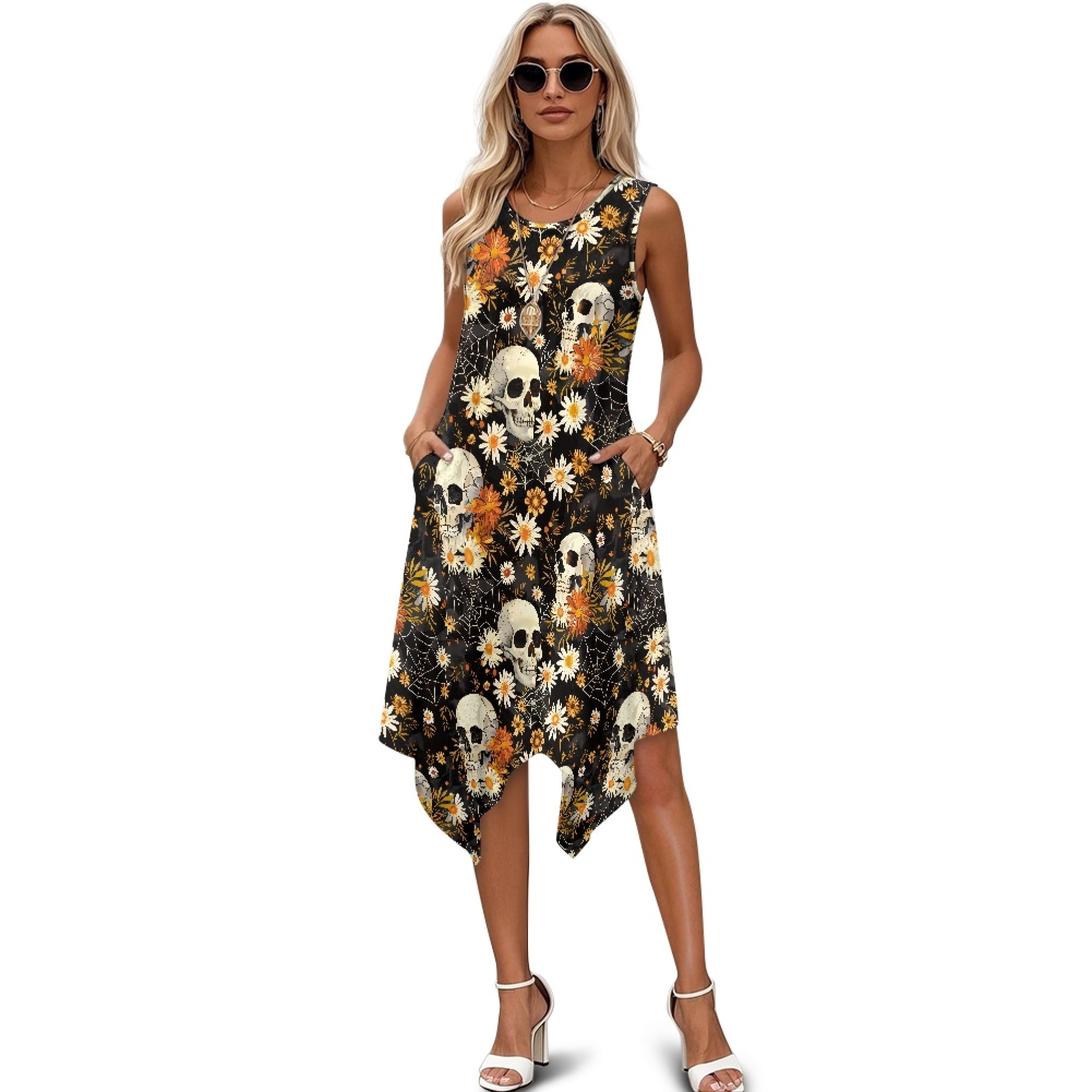 Binienty Sleeveless Sundress with Skull Floral Print, Asymmetric Hem ...
