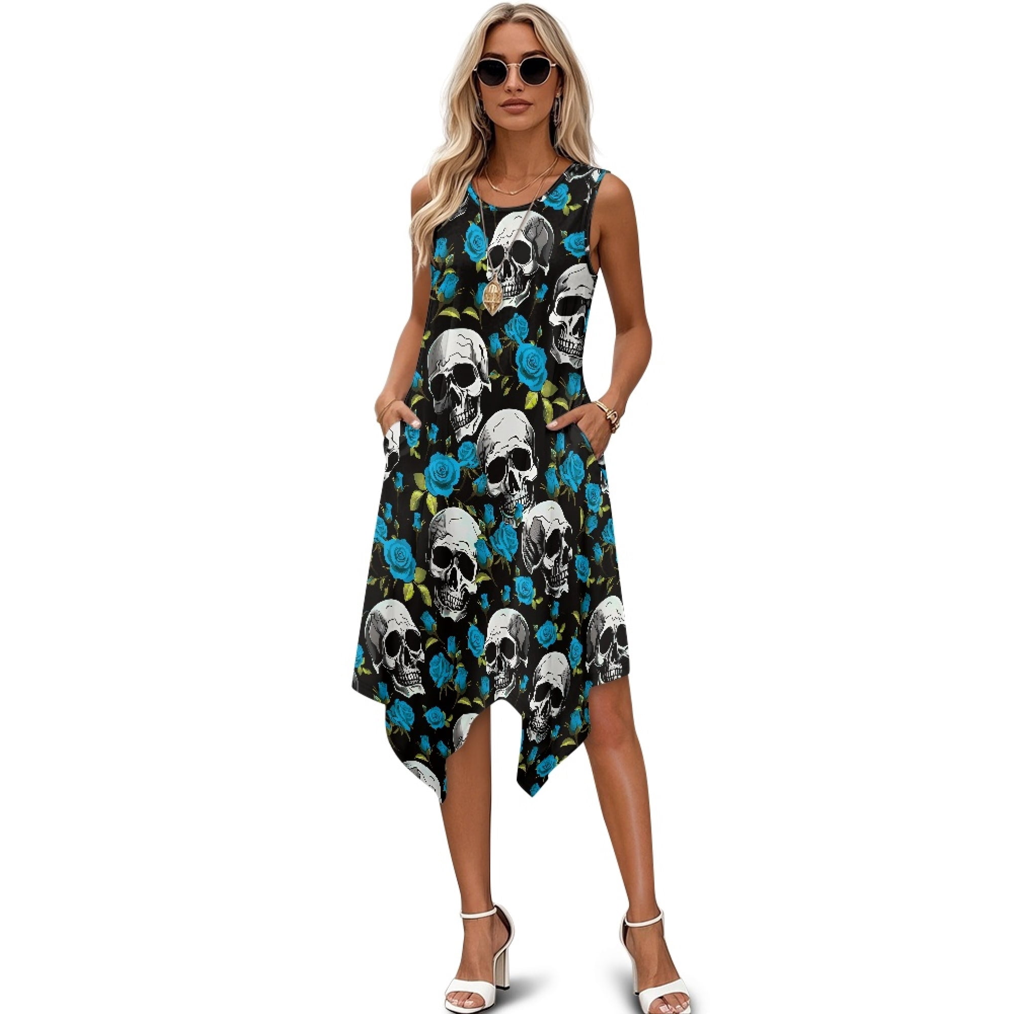 Binienty Sleeveless Sundress with Skull Rose Pattern, Asymmetric Hem ...