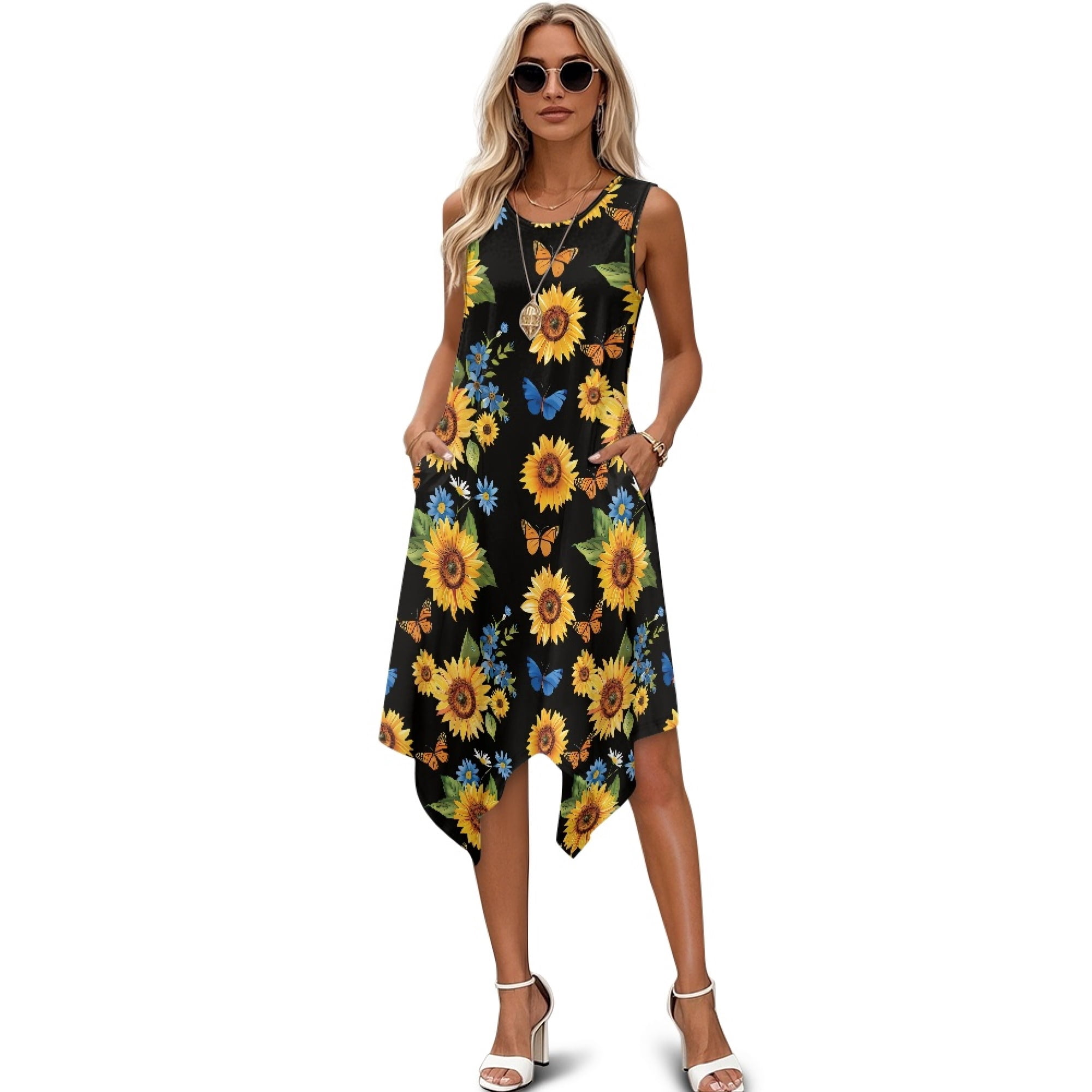 Binienty Sleeveless Sundress with Sunflower Butterfly Pattern ...