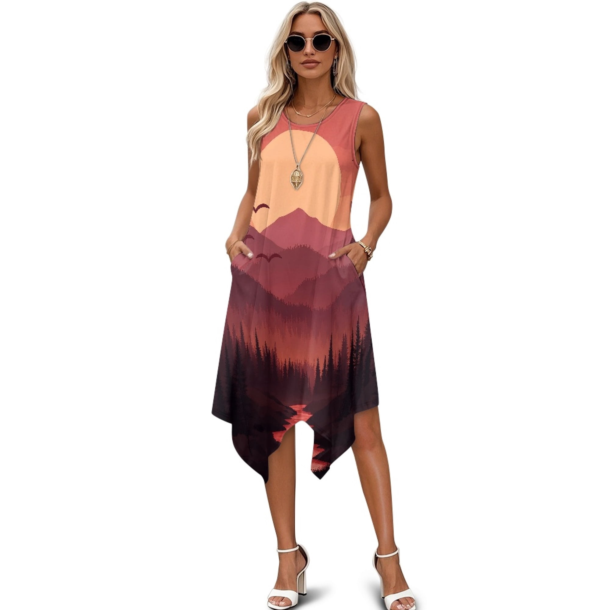 Binienty Sleeveless Sundress with Sunset Mountain Print, Asymmetric Hem ...