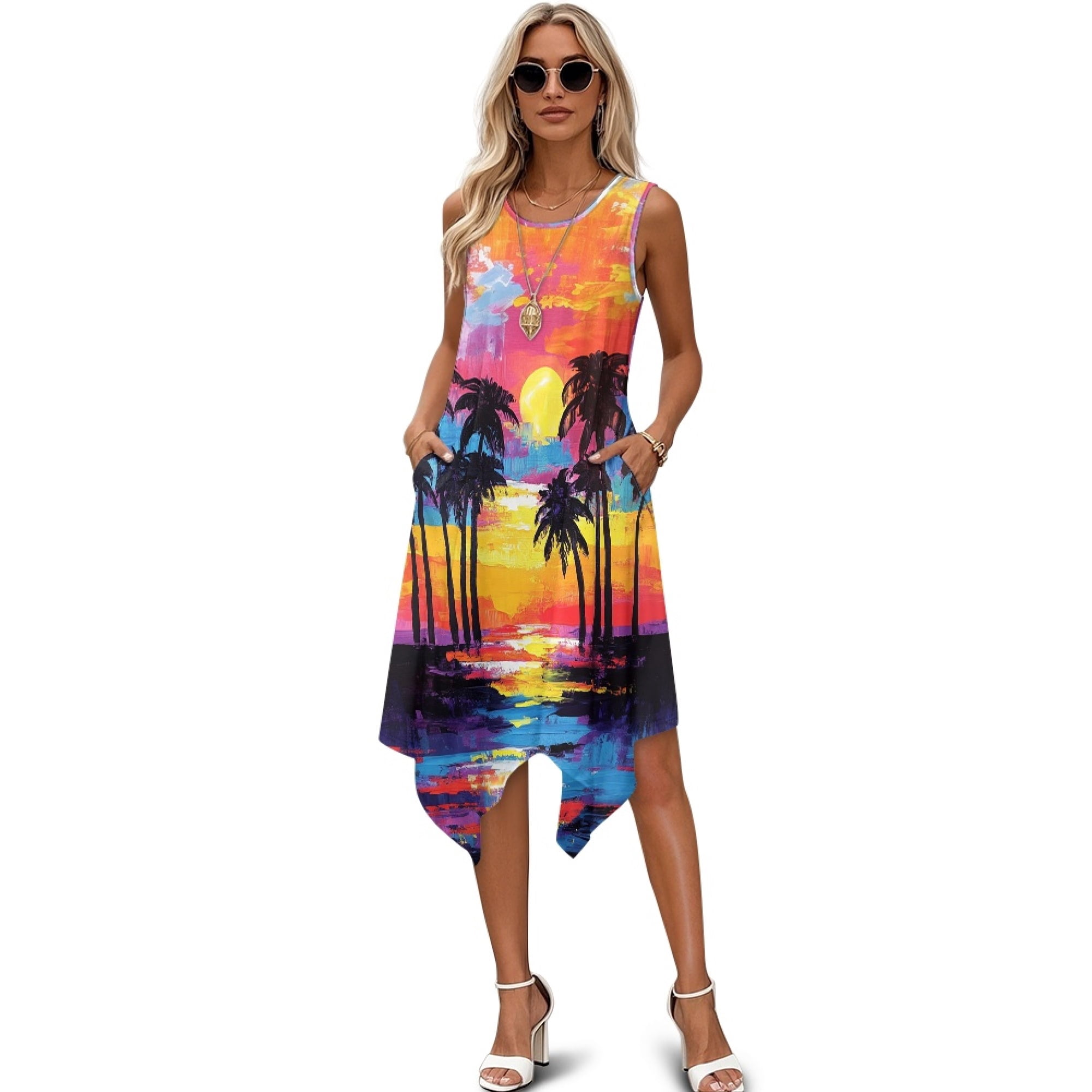 Binienty Sleeveless Sundress with Sunset Palm Art, Asymmetric Hem Midi ...