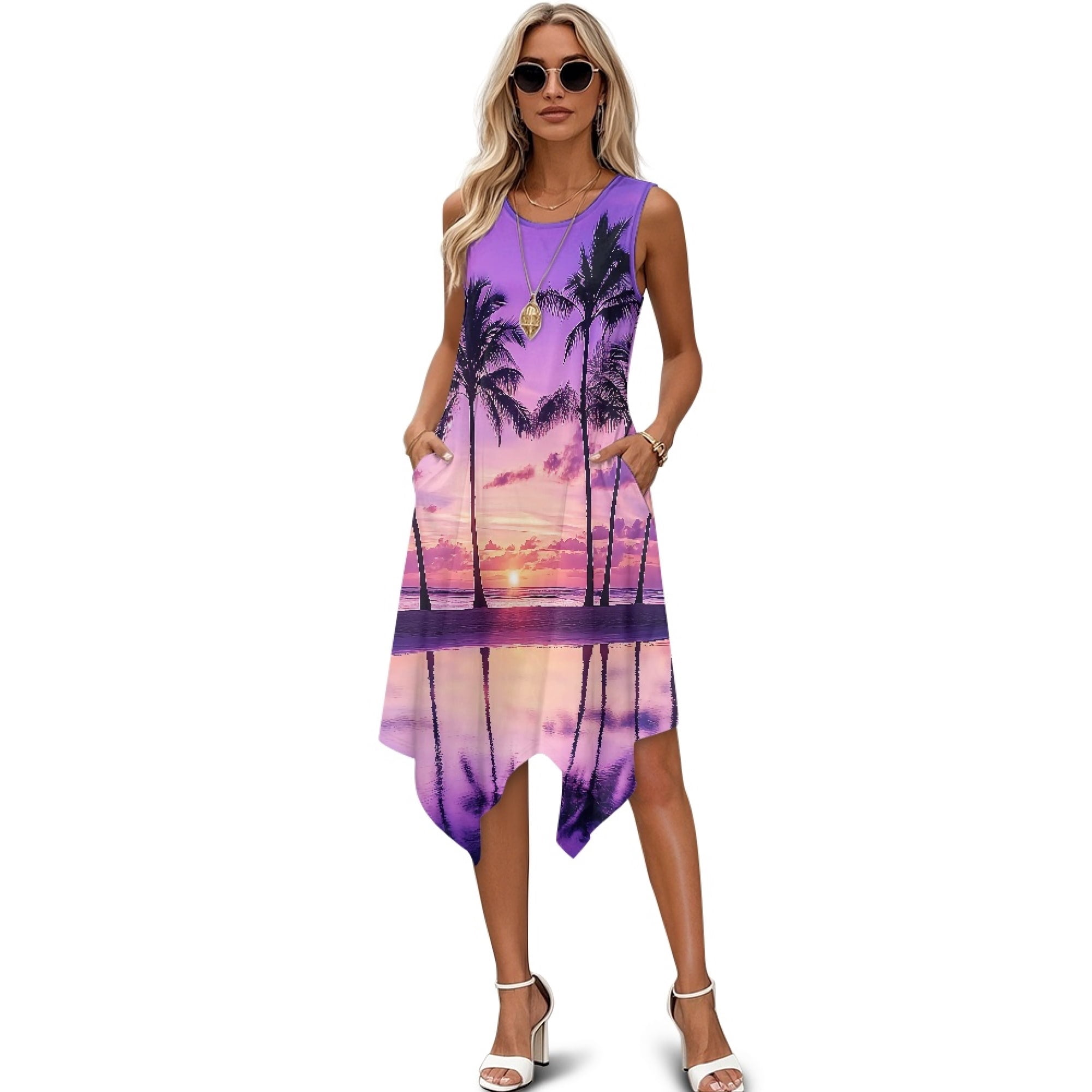 Binienty Sleeveless Sundress with Sunset Palm Tree Print, Asymmetric ...