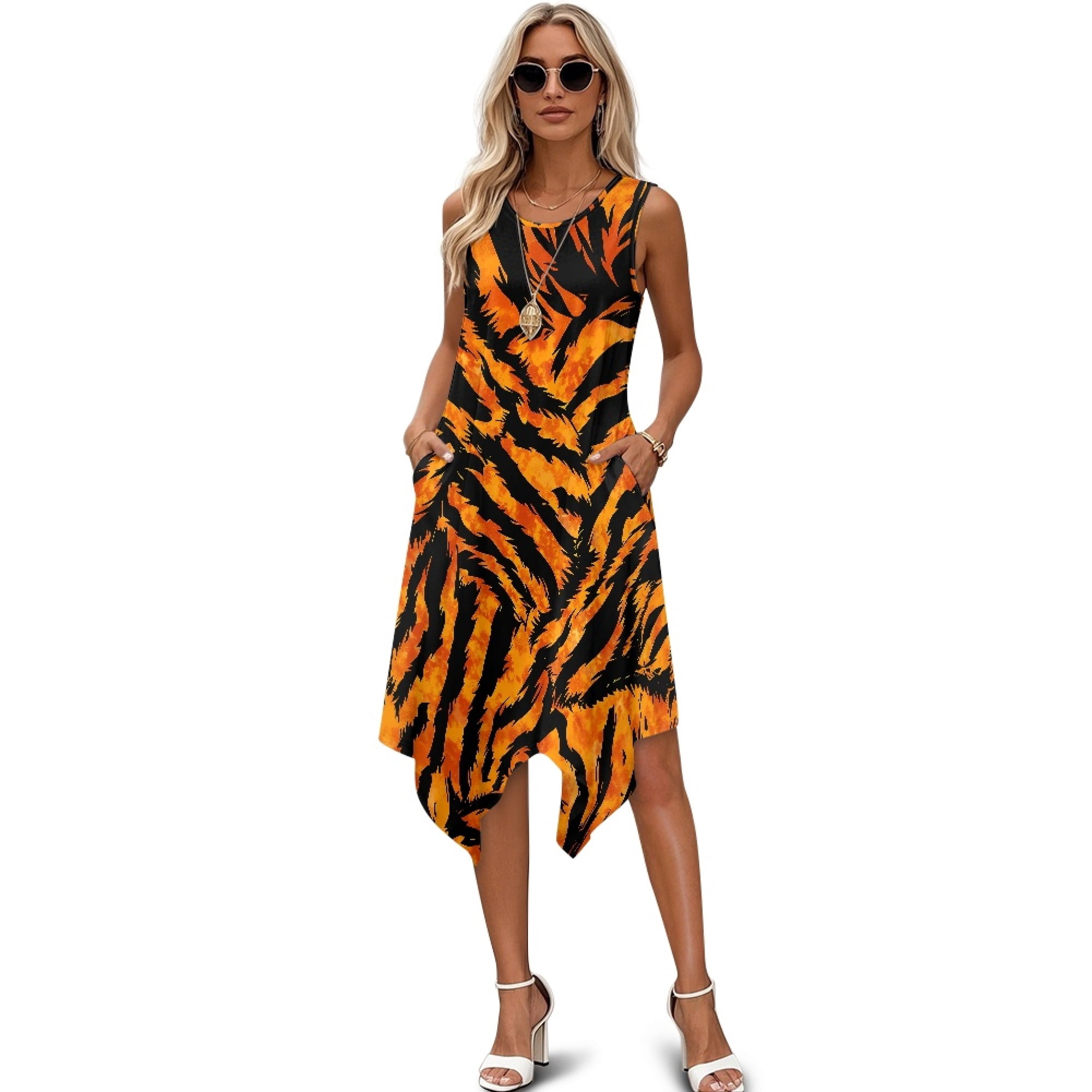 Binienty Sleeveless Sundress with Tiger Stripe Pattern, Asymmetric Midi ...