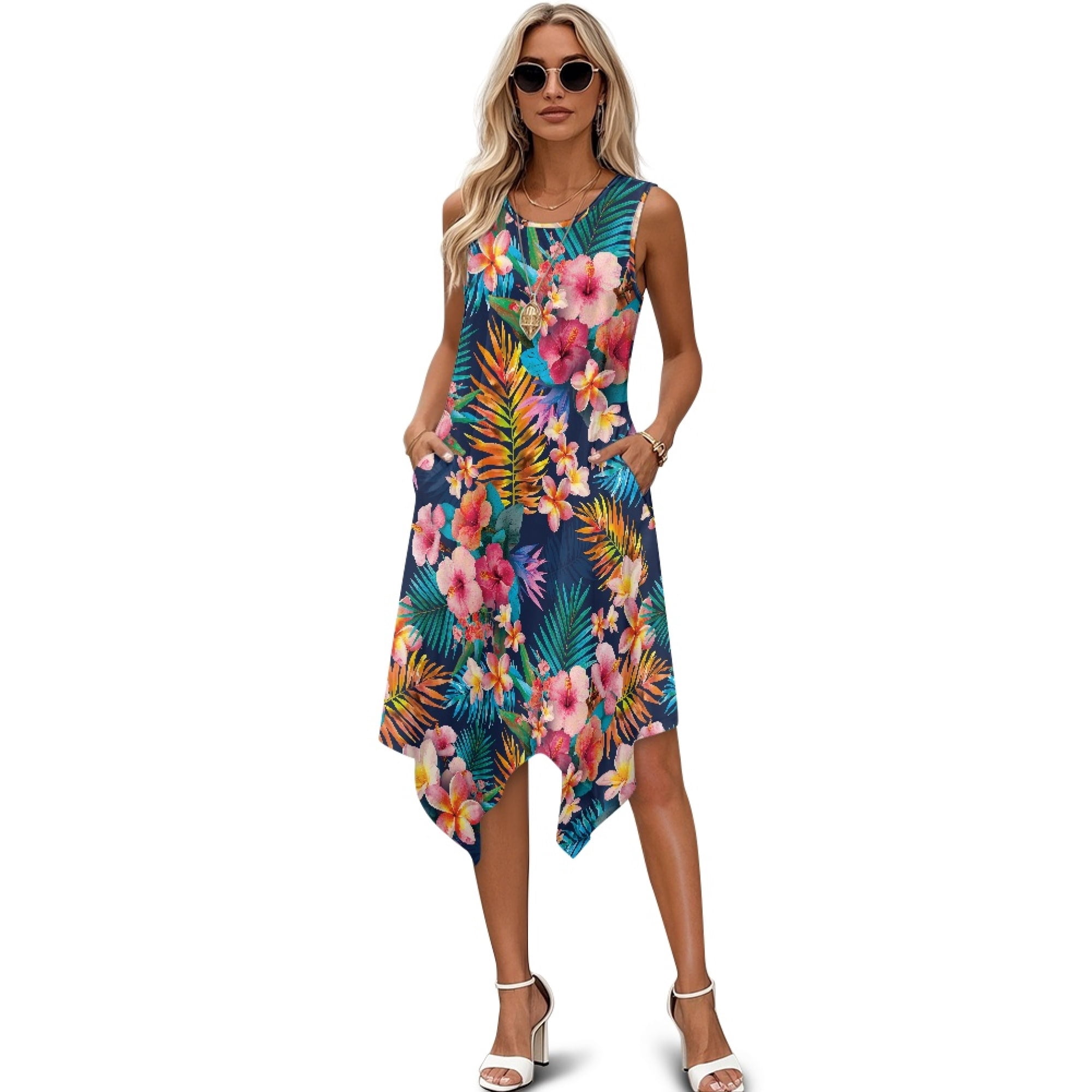Binienty Sleeveless Sundress with Tropical Floral Pattern, Irregular ...