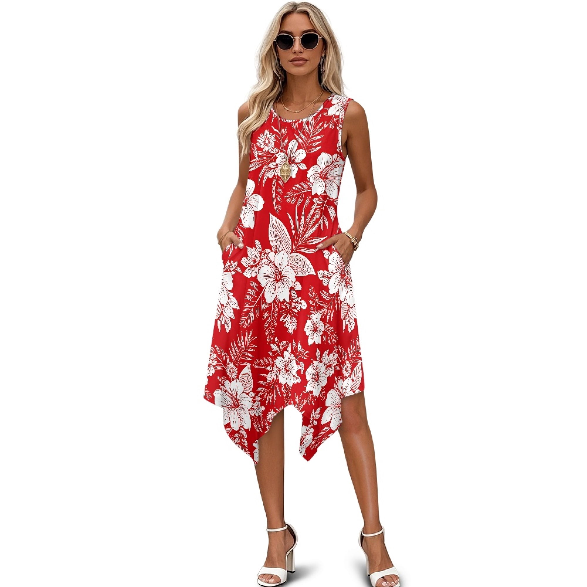 Binienty Sleeveless Sundress with Tropical Floral Pattern, Midi Dress ...
