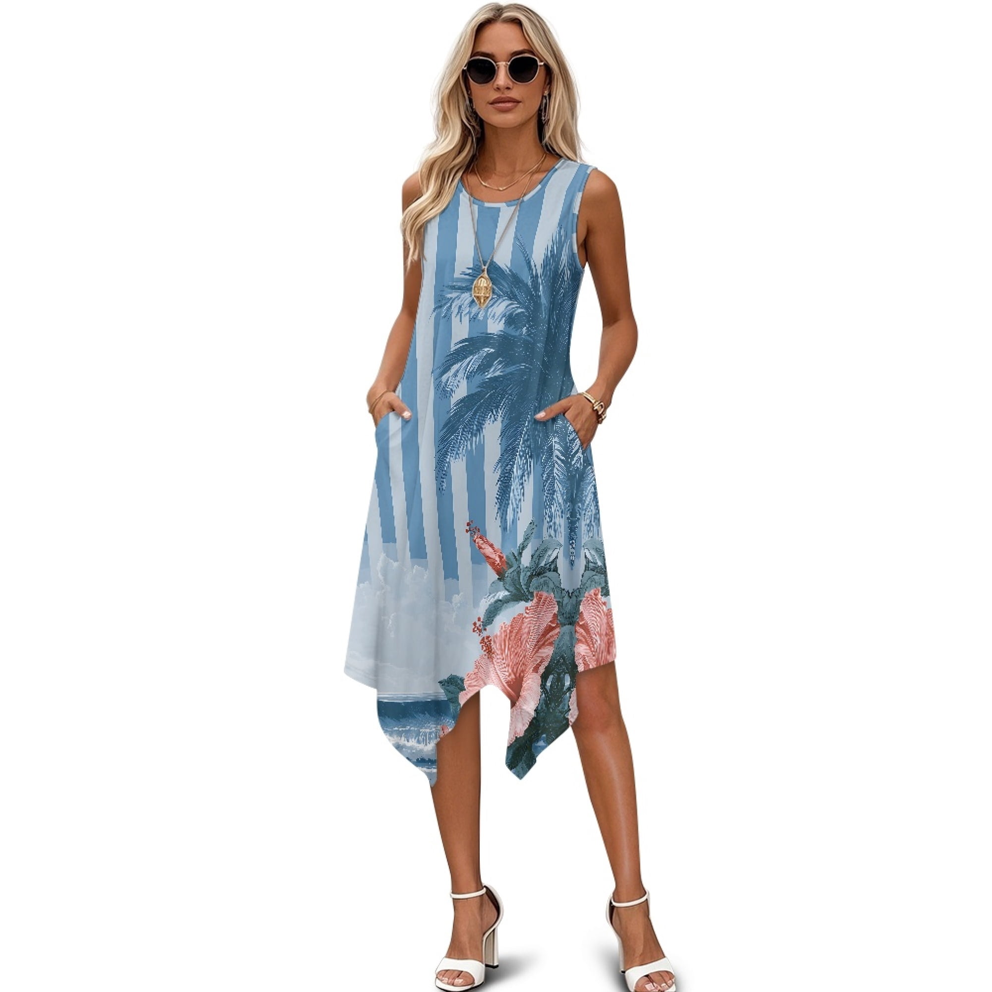 Binienty Sleeveless Sundress with Tropical Floral Print, Asymmetric Hem ...