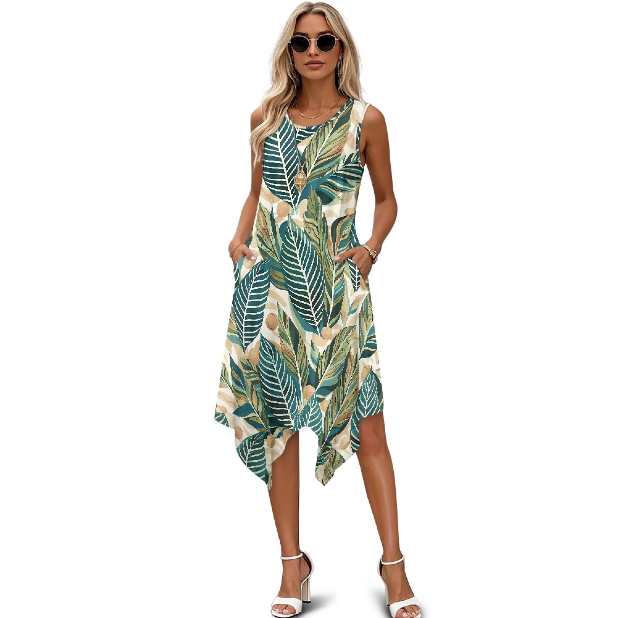 Binienty Sleeveless Sundress with Tropical Leaf Pattern, Asymmetric Hem ...