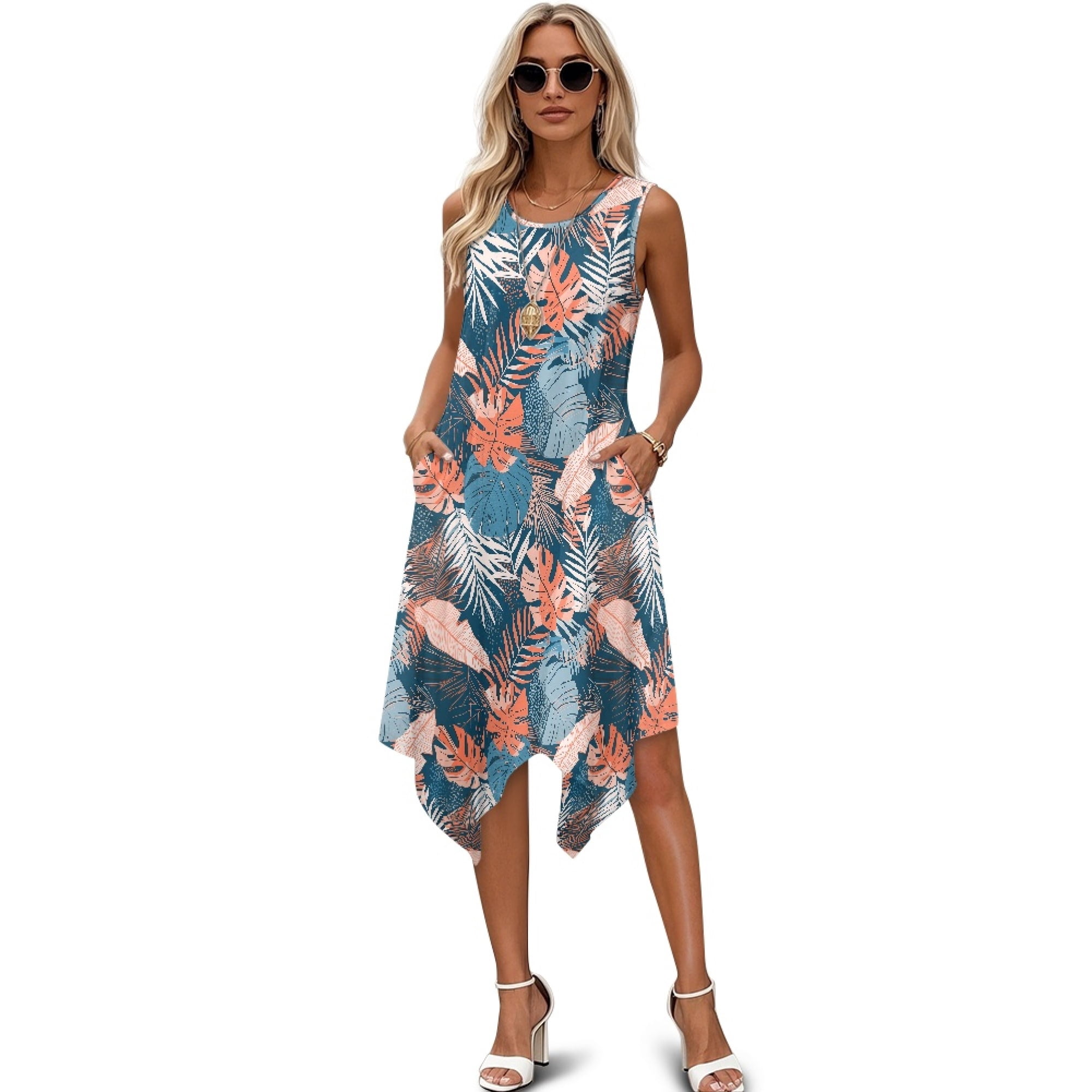 Binienty Sleeveless Sundress with Tropical Leaf Pattern, Asymmetric Hem ...