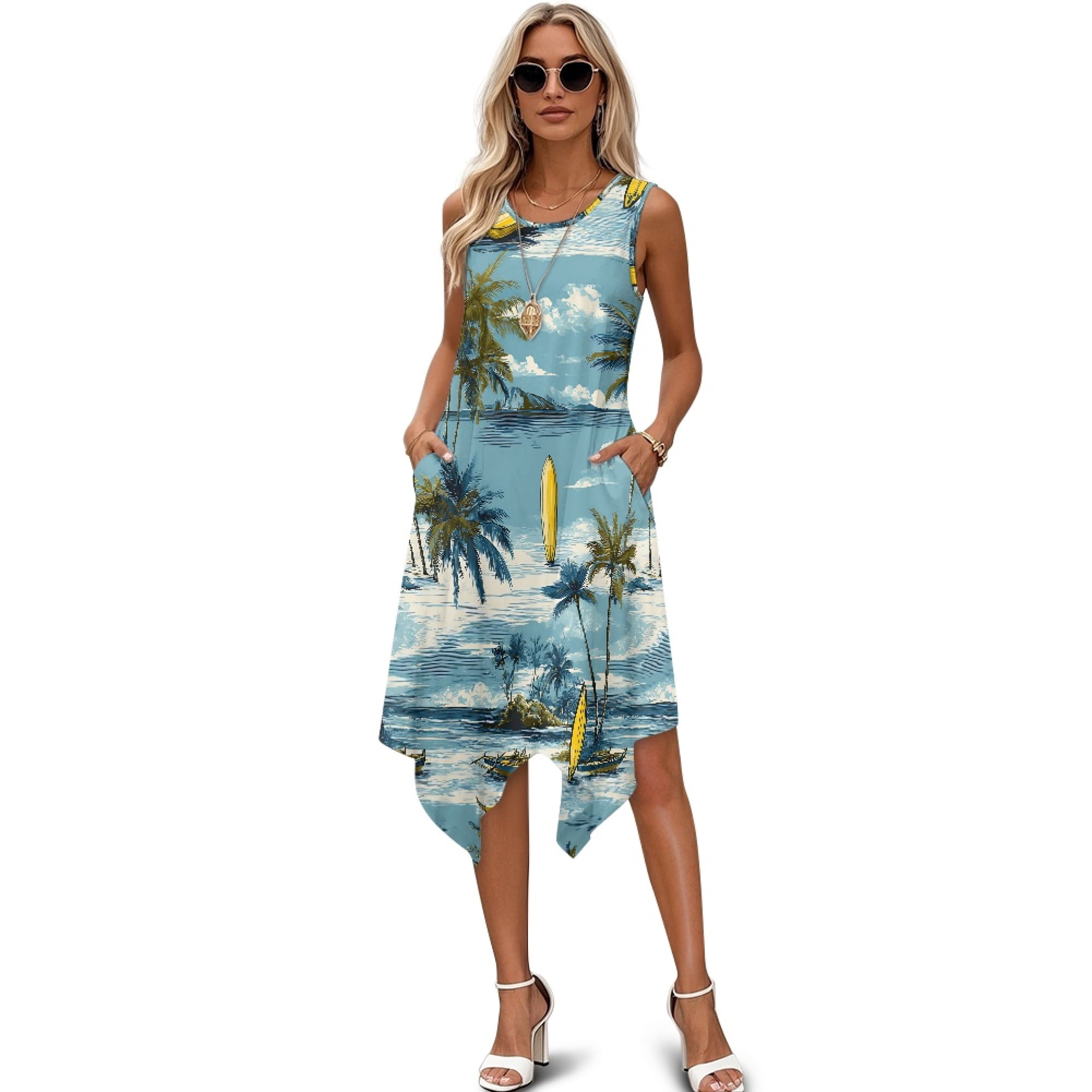 Binienty Sleeveless Sundress with Tropical Ocean Print, Asymmetric Hem ...