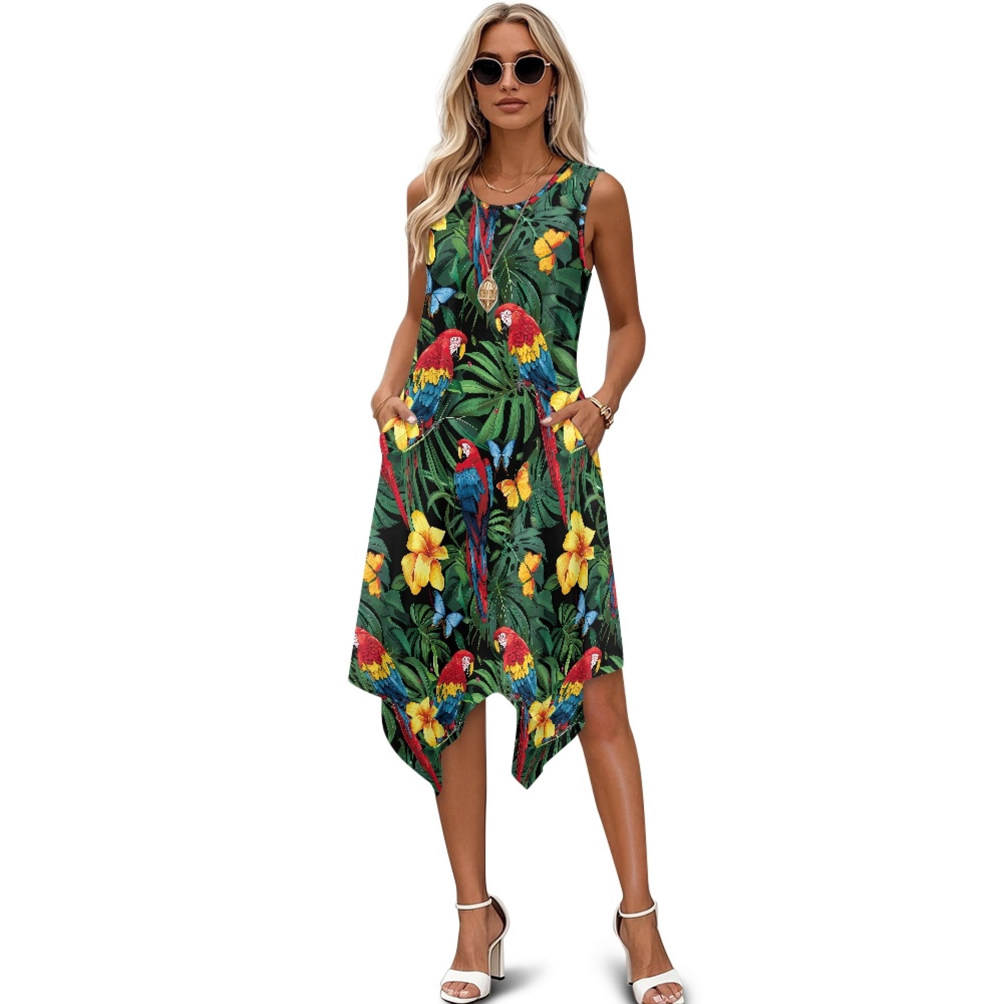 Binienty Sleeveless Sundress with Tropical Parrot Print, Asymmetric Hem ...
