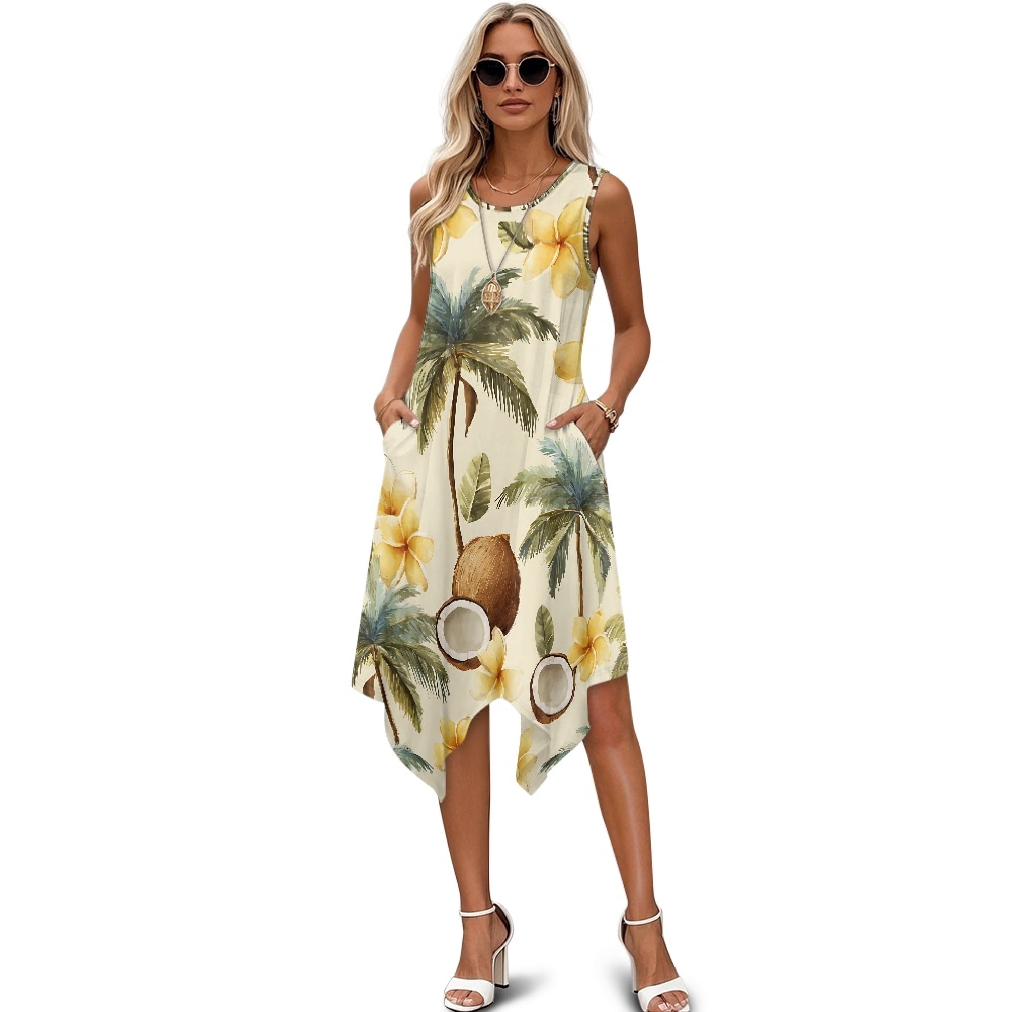 Binienty Sleeveless Sundress with Tropical Pattern, Asymmetric Hem Midi ...