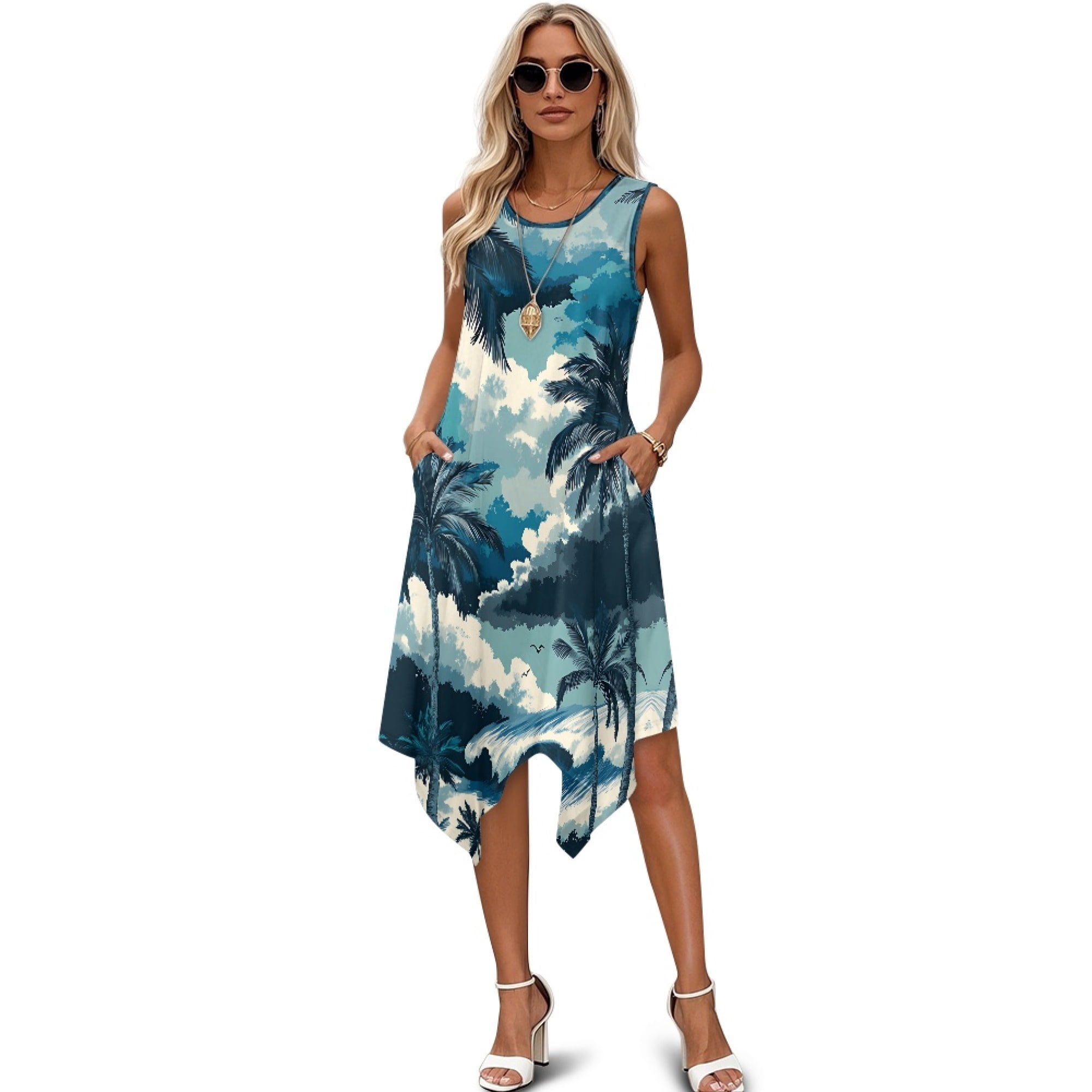 Binienty Sleeveless Sundress with Tropical Pattern, Asymmetric Hem Midi ...