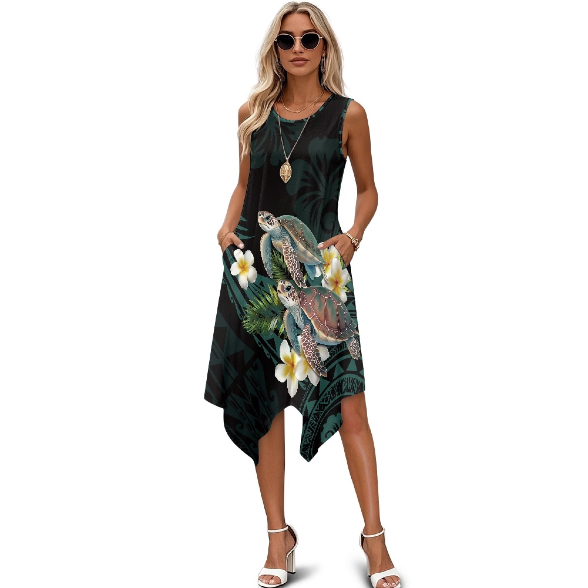 Binienty Sleeveless Sundress with Turtle Plumeria Pattern, Asymmetric ...
