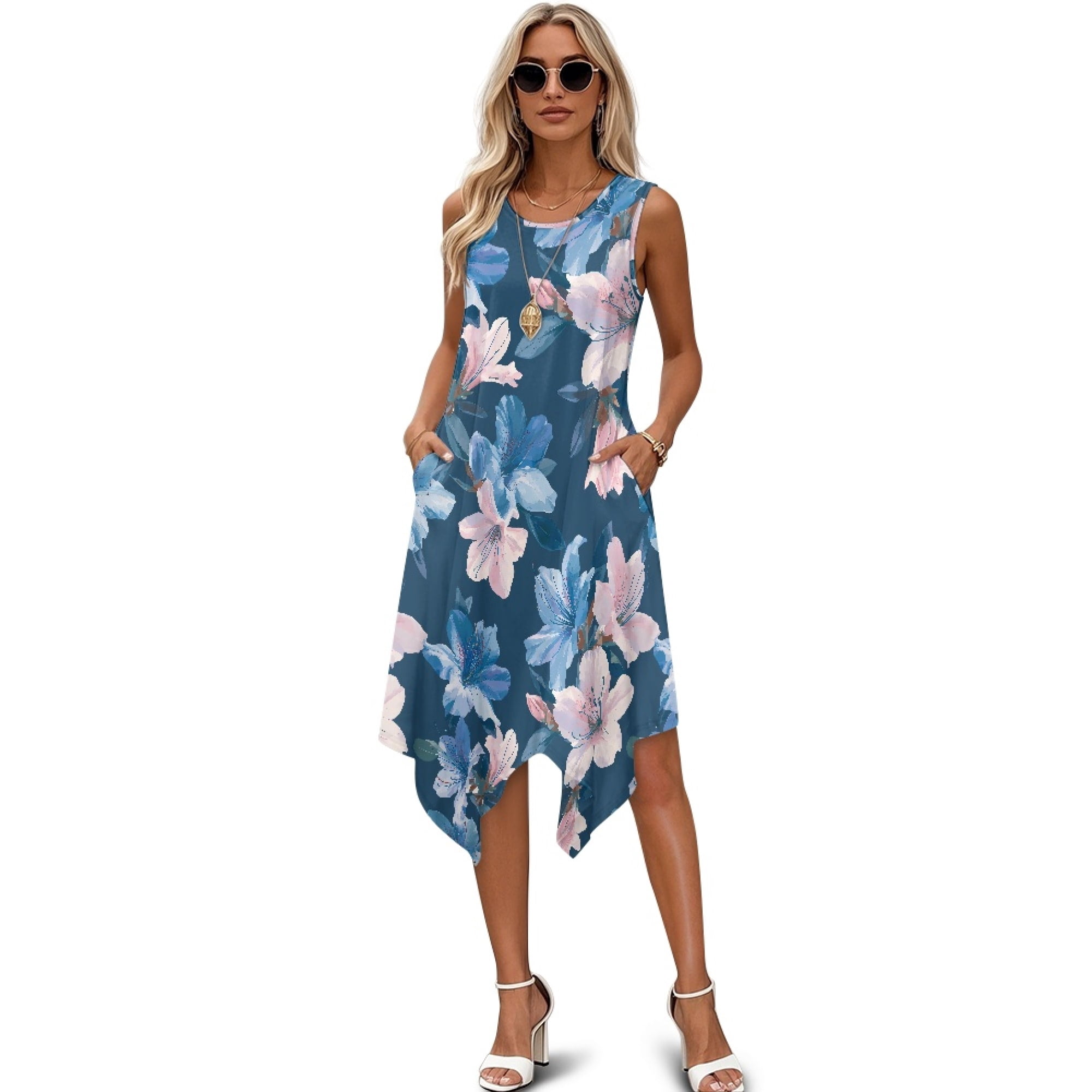 Binienty Sleeveless Sundress with Watercolor Floral Pattern, Asymmetric ...