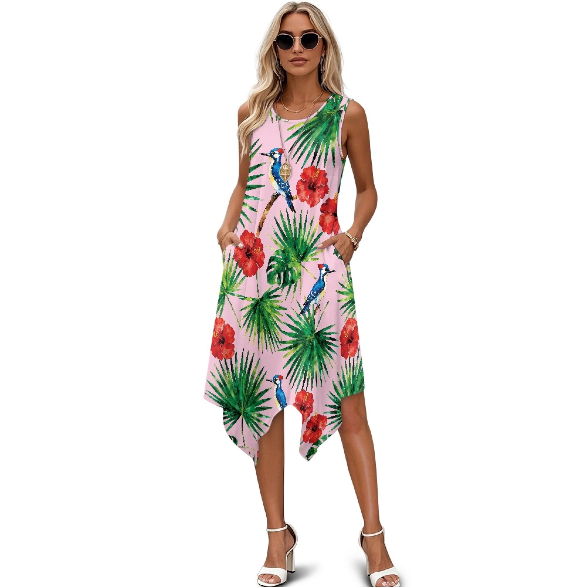 Binienty Sleeveless Sundresses with Tropical Floral Bird Pattern ...