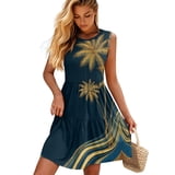 Binienty Sleeveless Tank Dress with Golden Palm Tree Print, Tiered ...