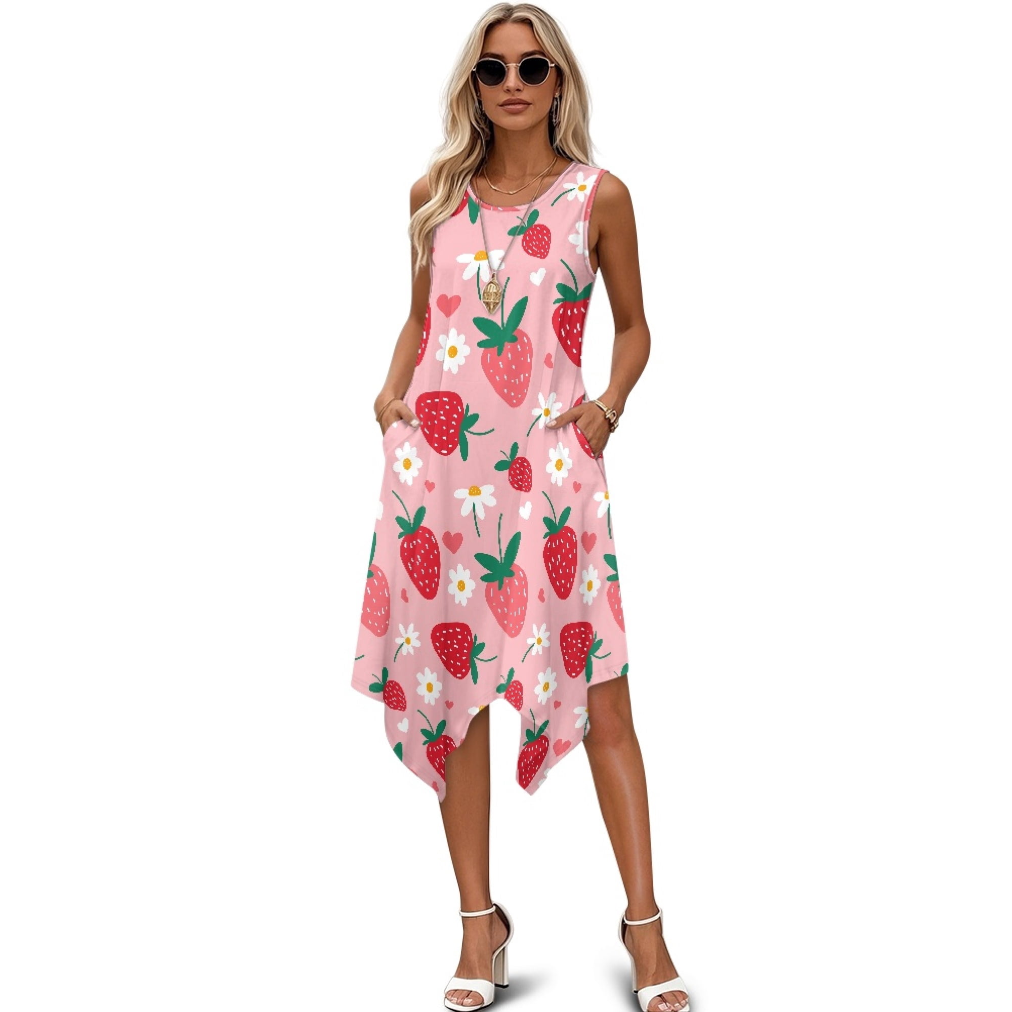 Binienty Strawberry & Daisy Floral Beach Long Dresses, Side Pockets ...