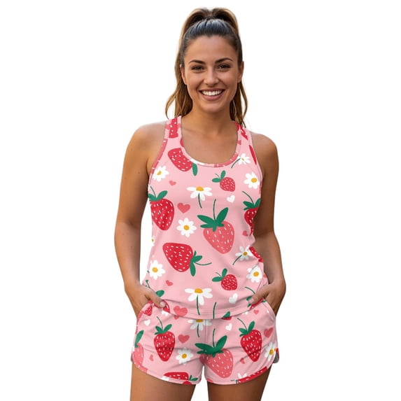 Binienty Strawberry & Daisy Floral Swimsuit Tank Style Top Shorts Set ...