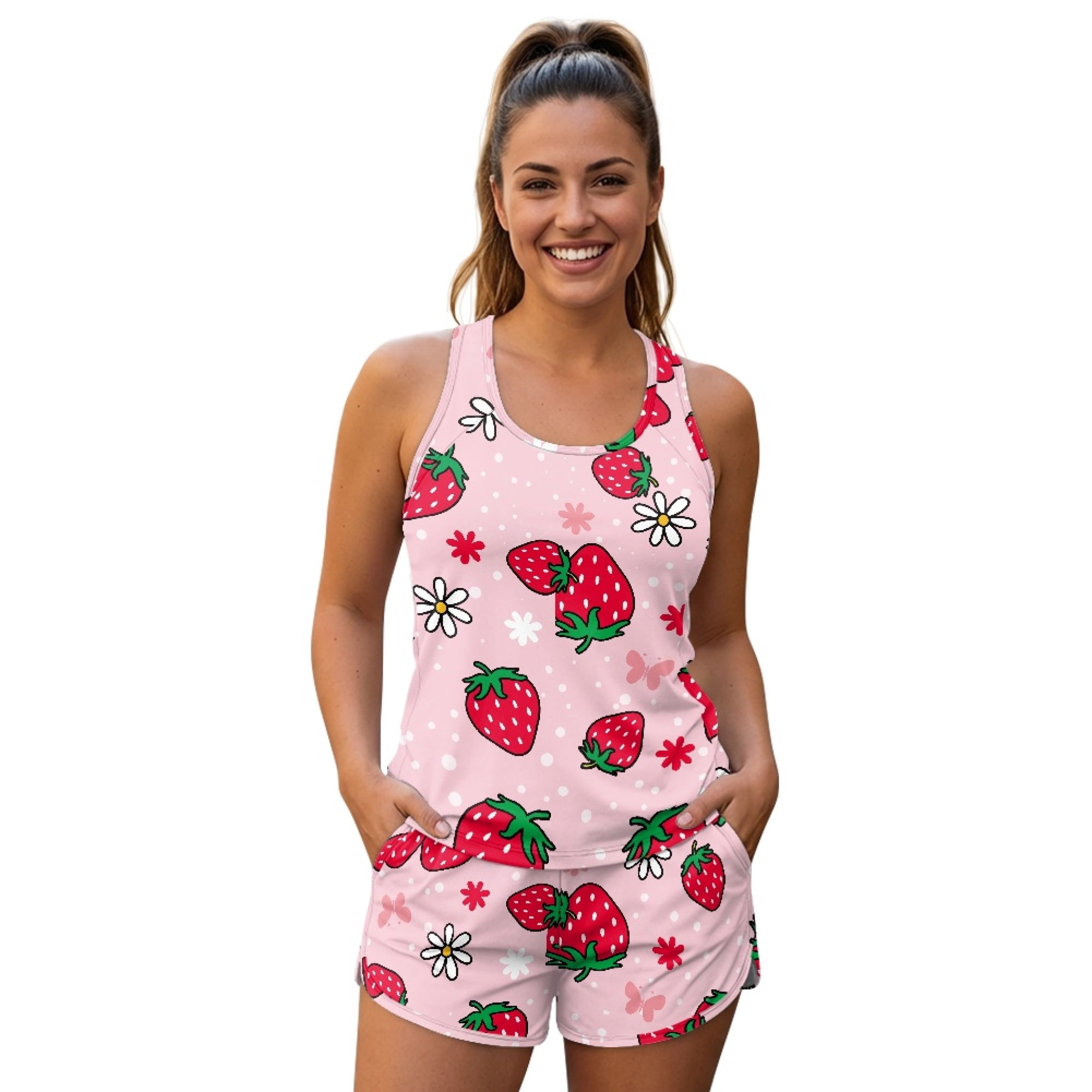 Binienty Strawberry and Daisy Pattern Ladies Tank Top Shorts Swimsuit ...