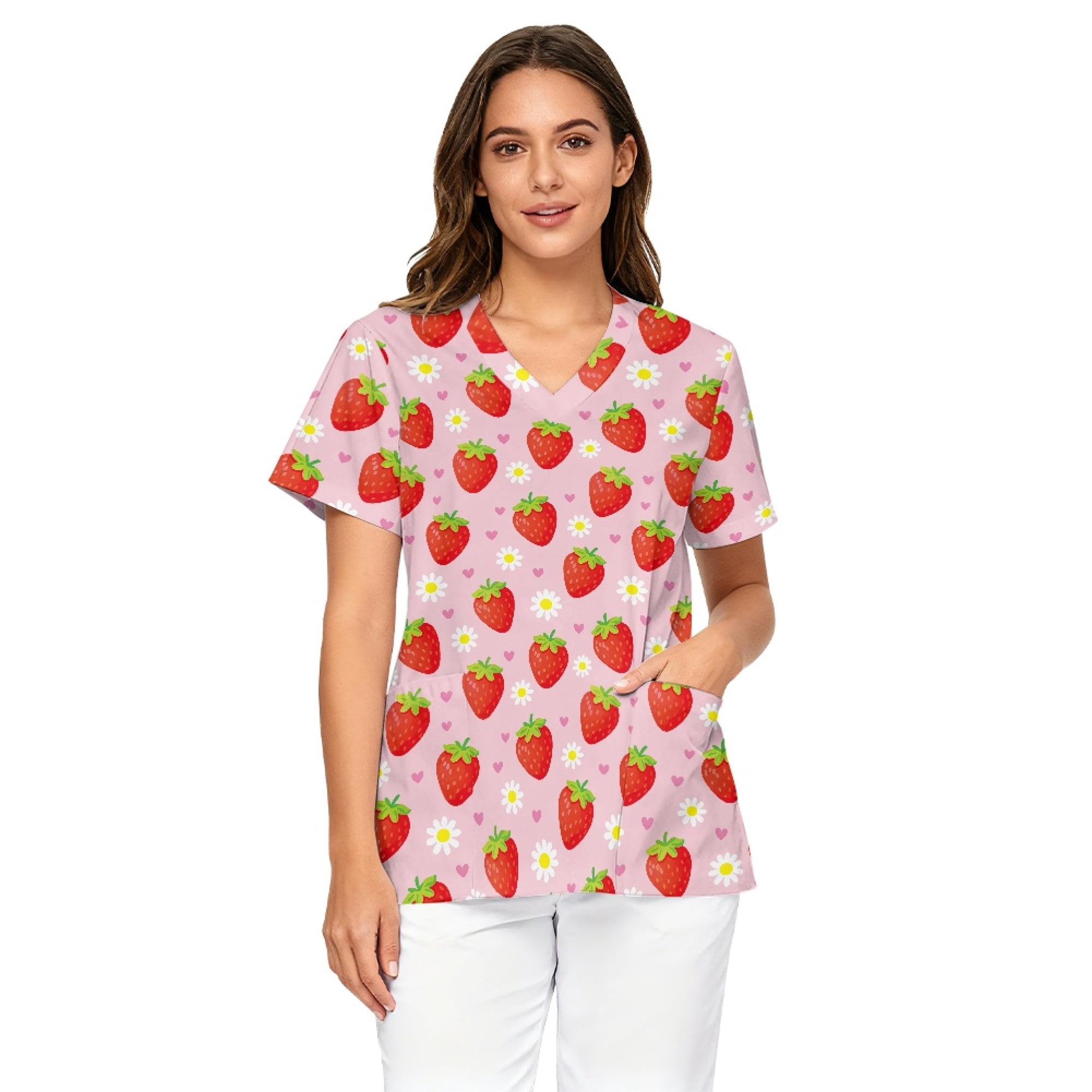Binienty Strawberry and Daisy Pattern Medical Scrub Top for Women ...