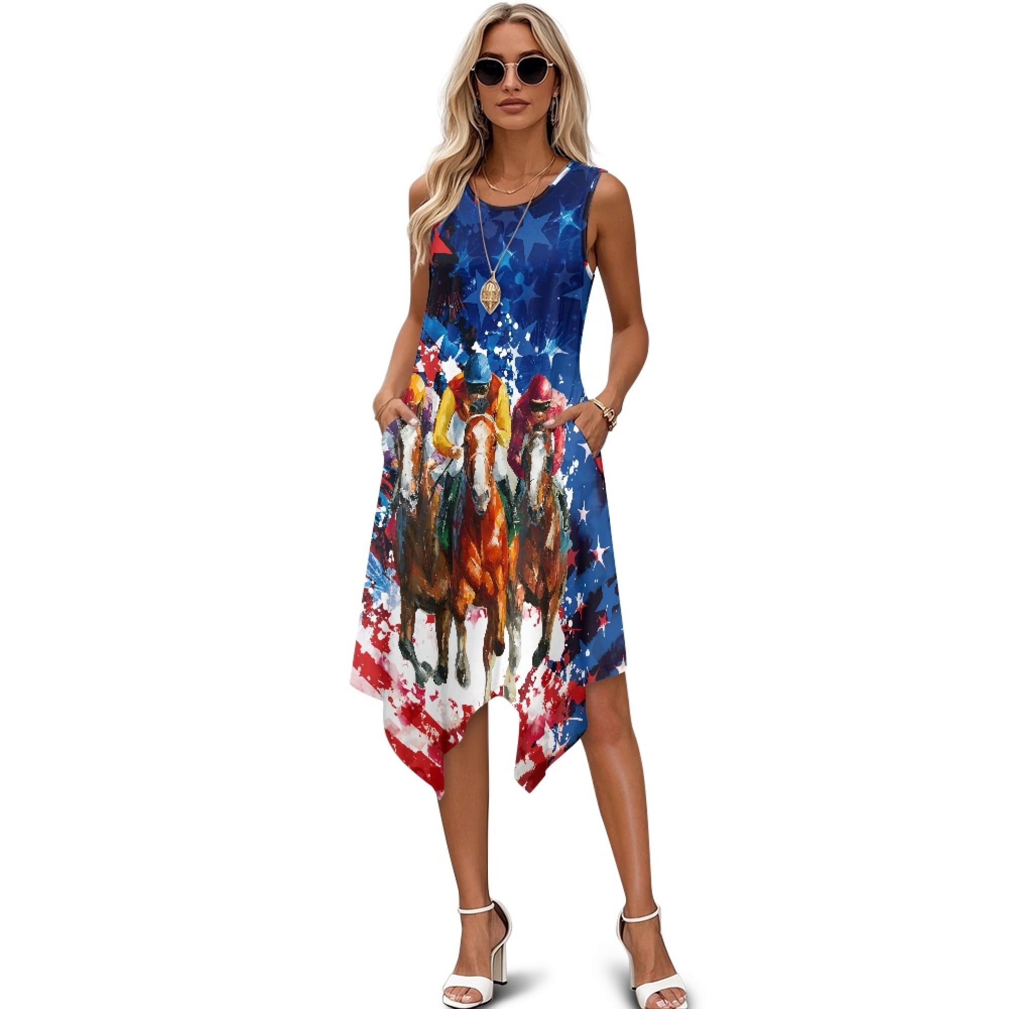Binienty Summer Sleeveless Dress, Horse Star Side Pockets Asymmetric ...