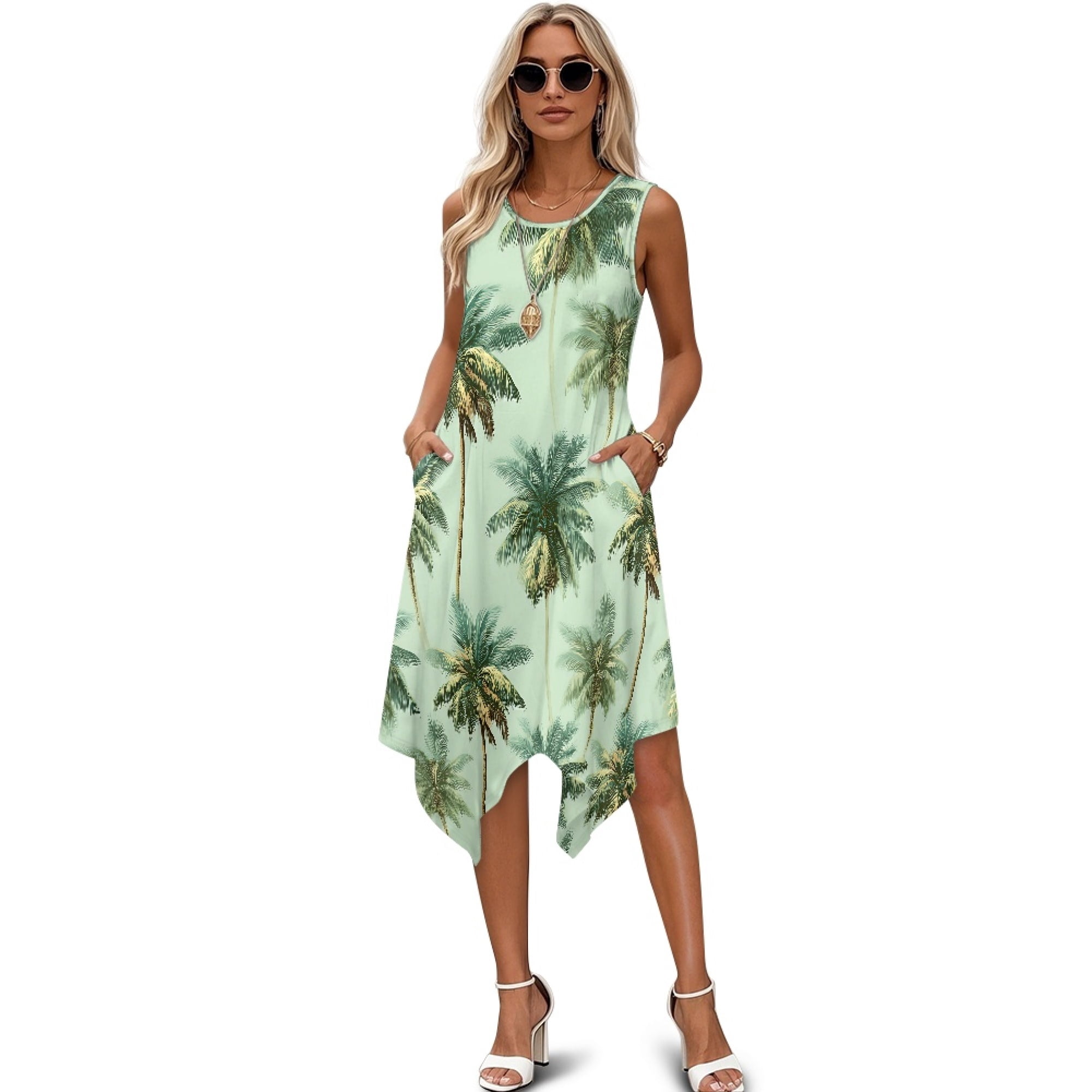 Binienty Summer Sleeveless Dress, Palm Tree Print Round Neck Sleeveless ...