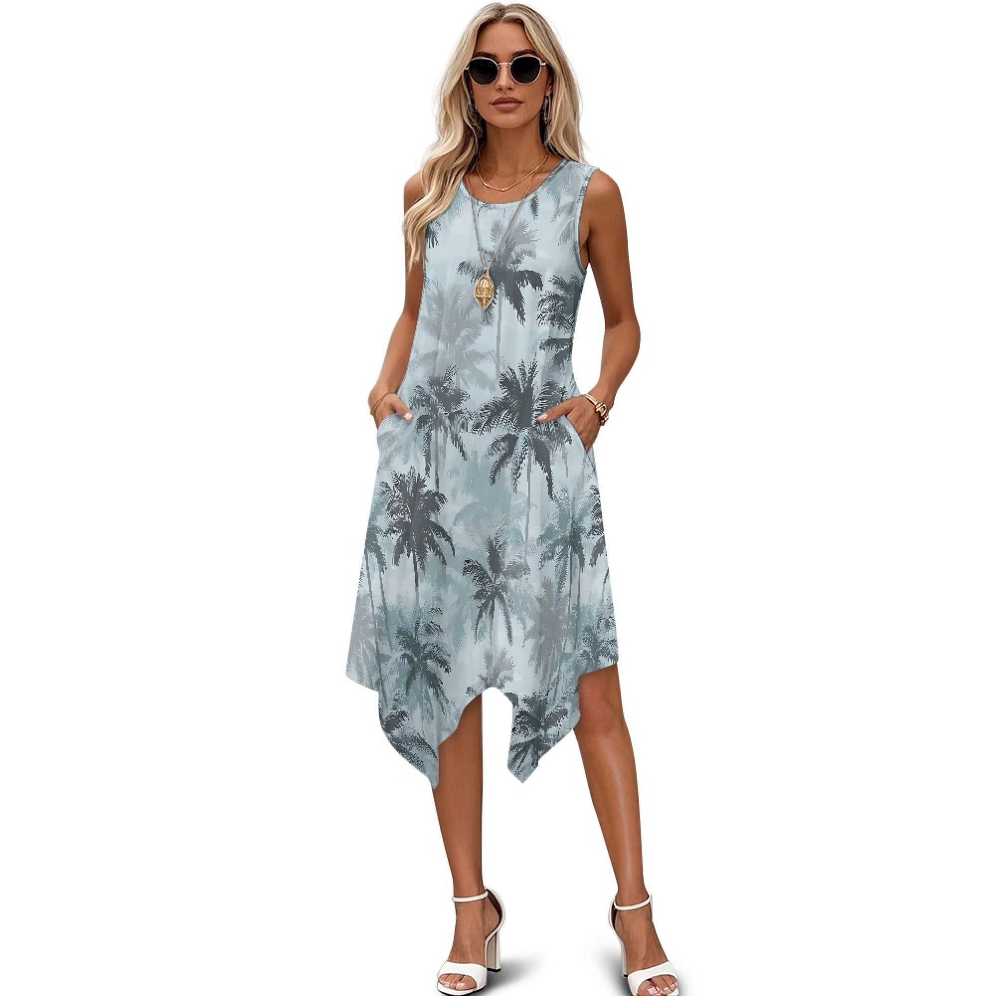 Binienty Sundress with Palm Tree Pattern, Irregular Hem Dress for ...