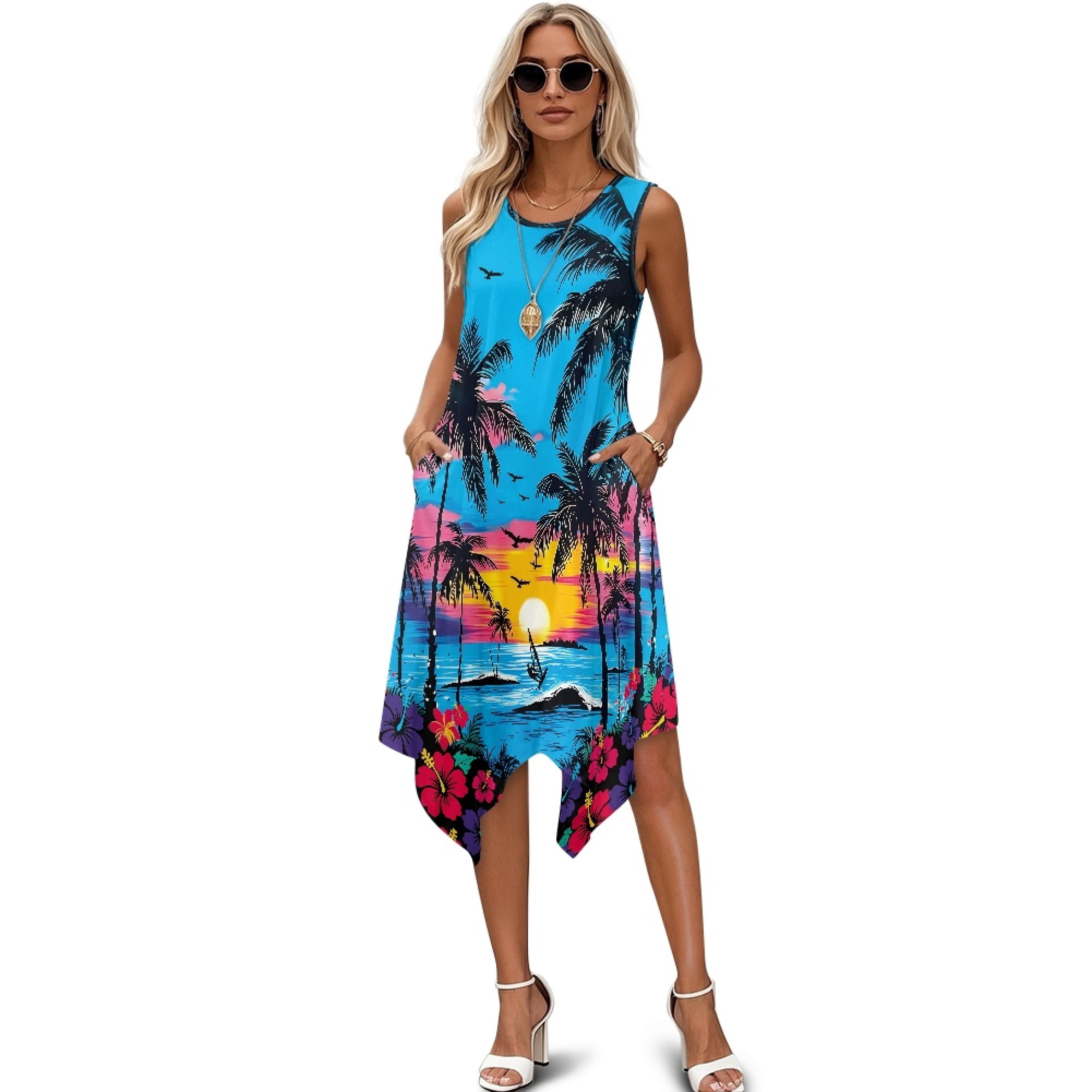 Binienty Sundress with Tropical Sunset Pattern, Women's Sleeveless ...