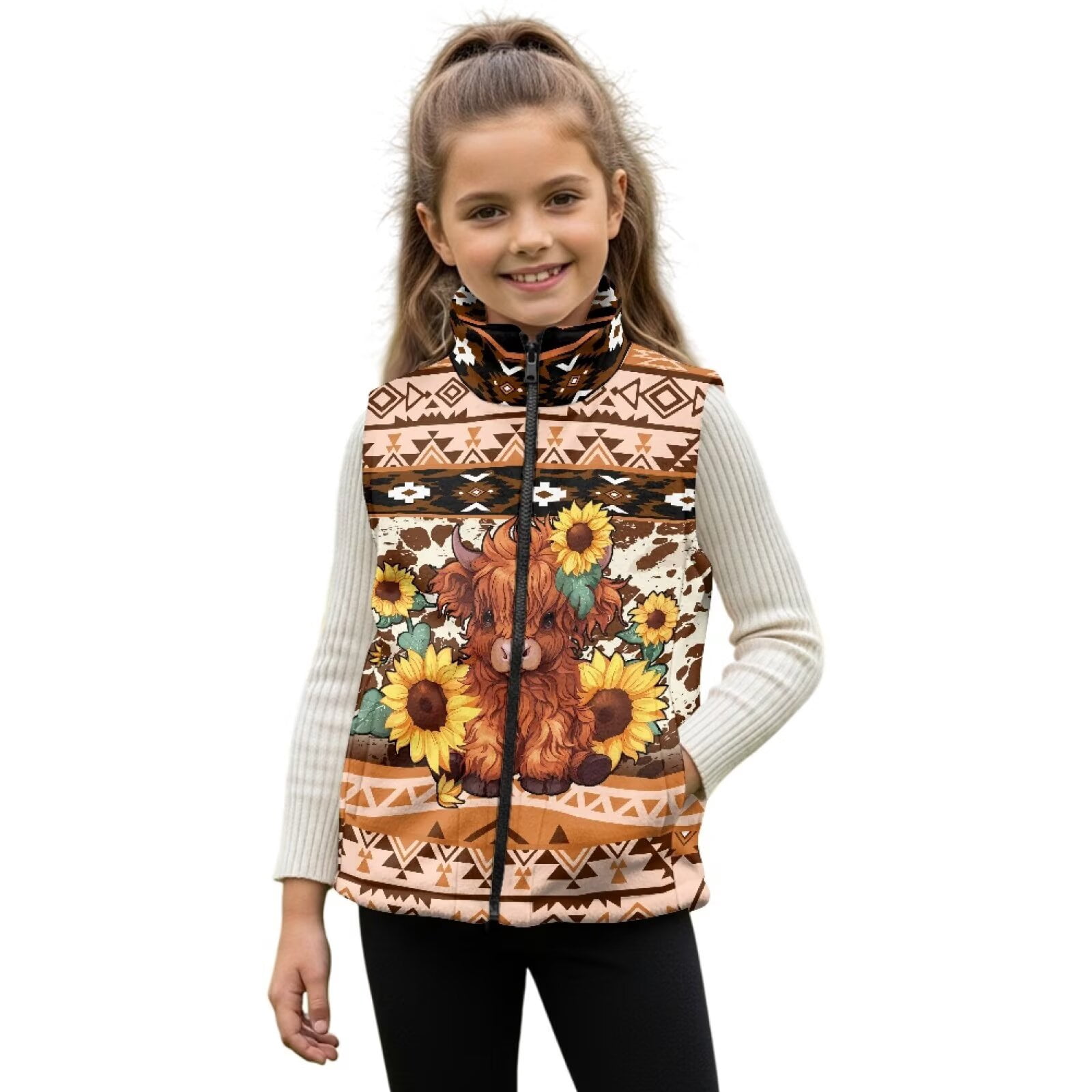 Binienty Sunflower Highland Cow Print Vest Jacket 4T Girls Warm Thick ...