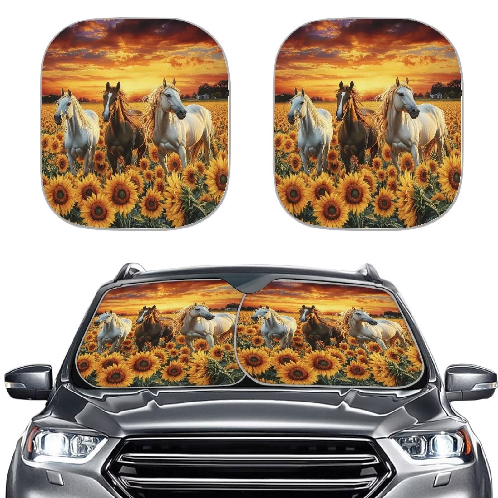 Binienty Sunflower Horse Car Front Windshield Sun Shade 2-Piece ...