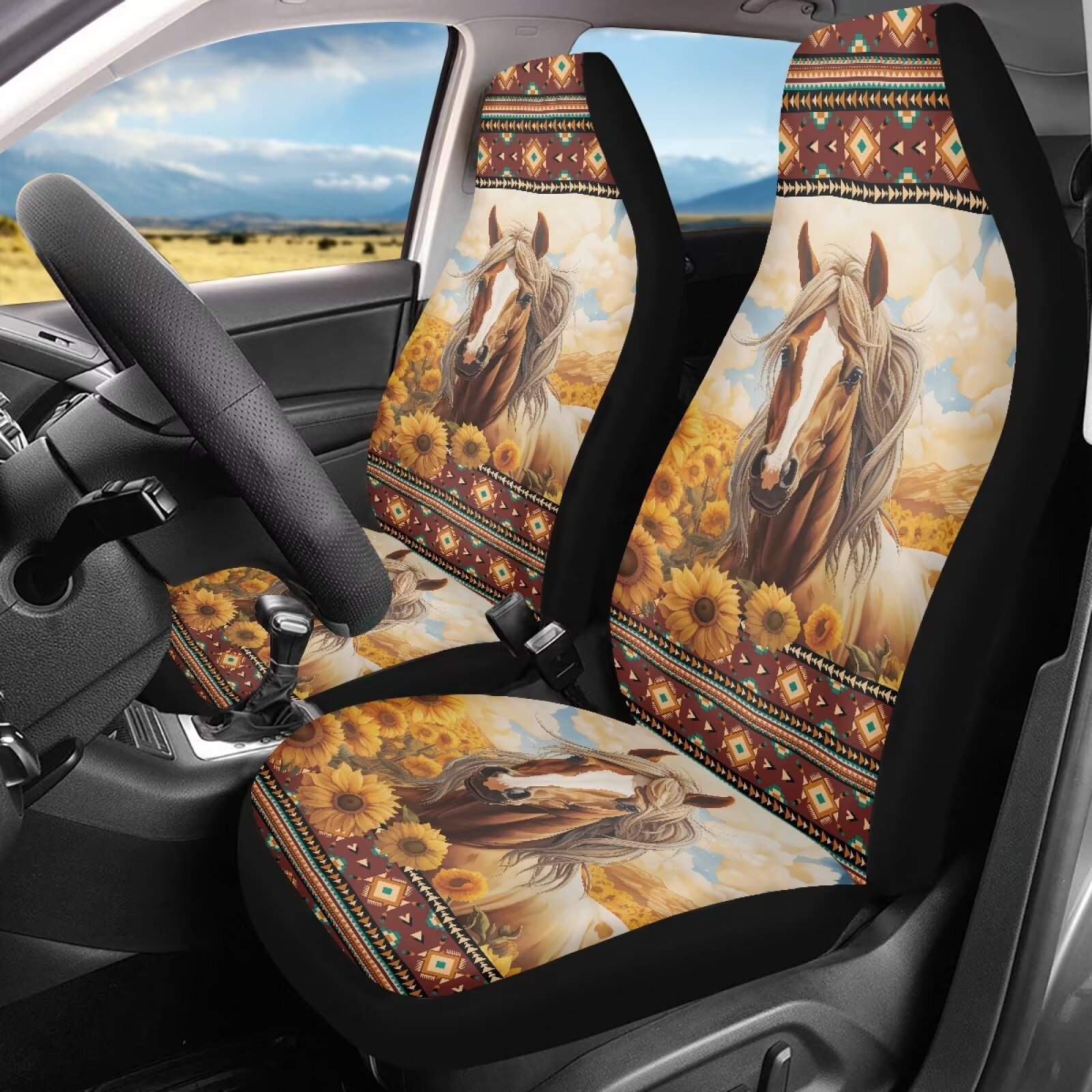 Binienty Sunflower Horse Print Car Seat Covers Full Set of 2 Automobile ...