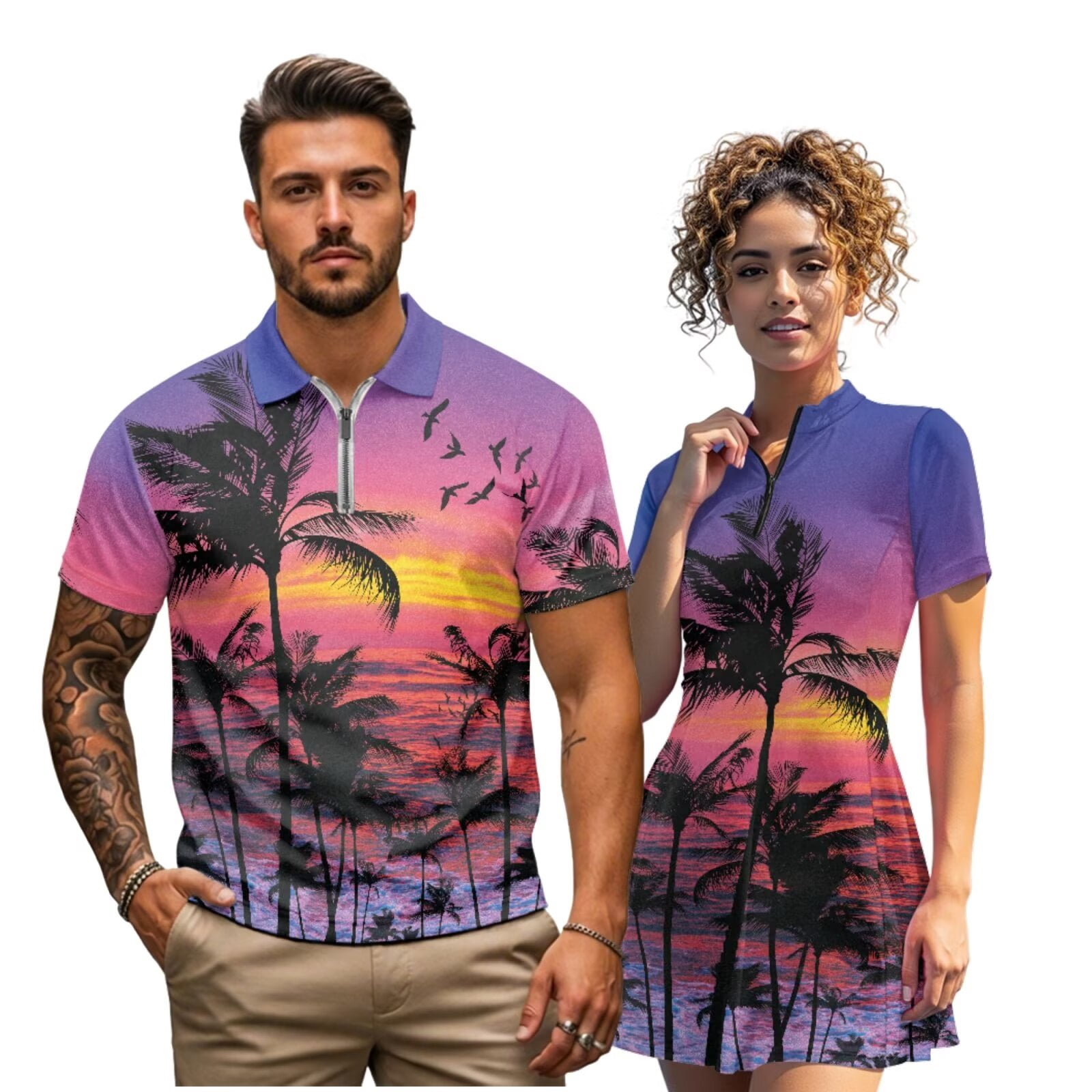 Binienty Sunset Palm His and Hers Matching Outfits Versatile Short ...