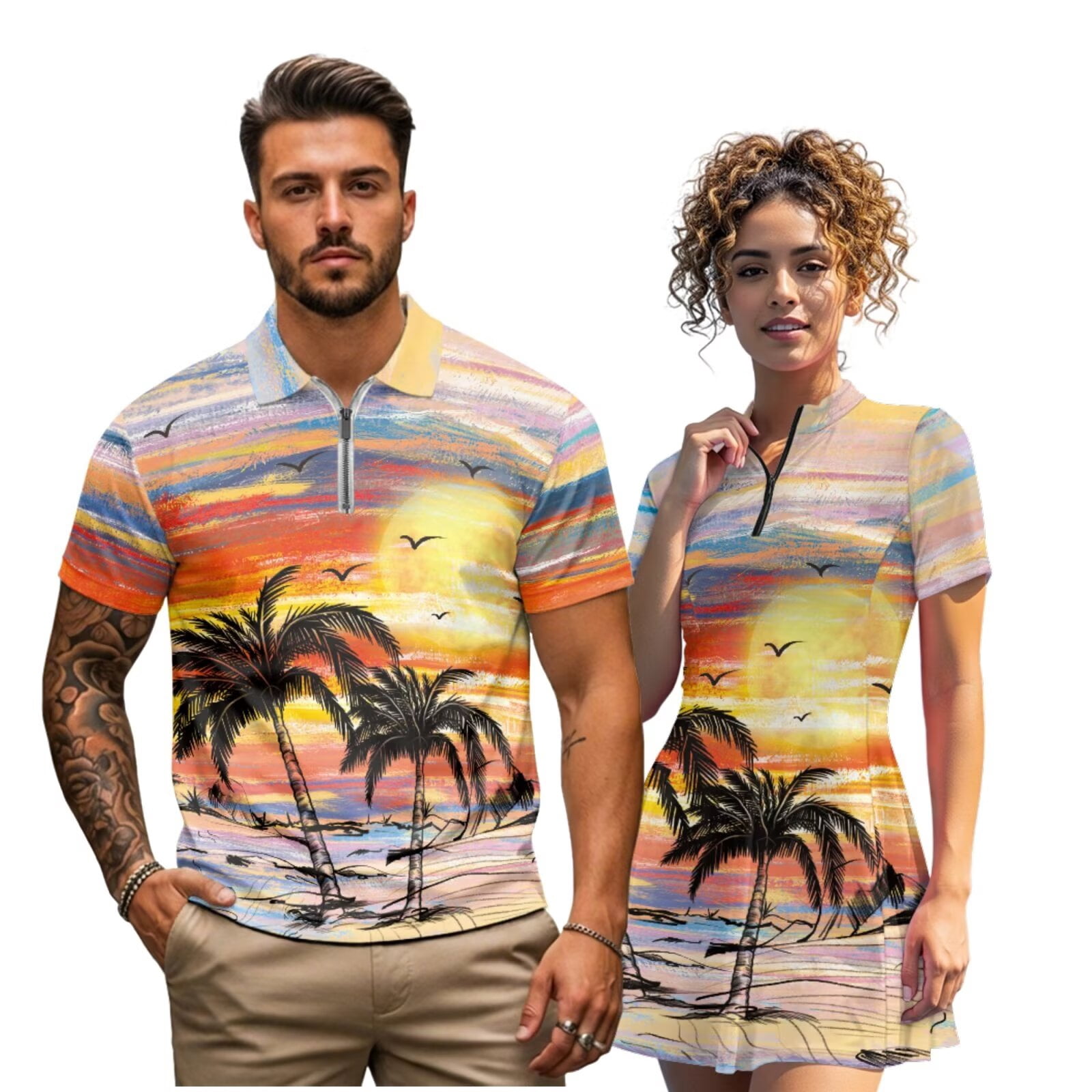 Binienty Sunset Palm Tree Matching Golf Outfit for Couple Lightweight ...