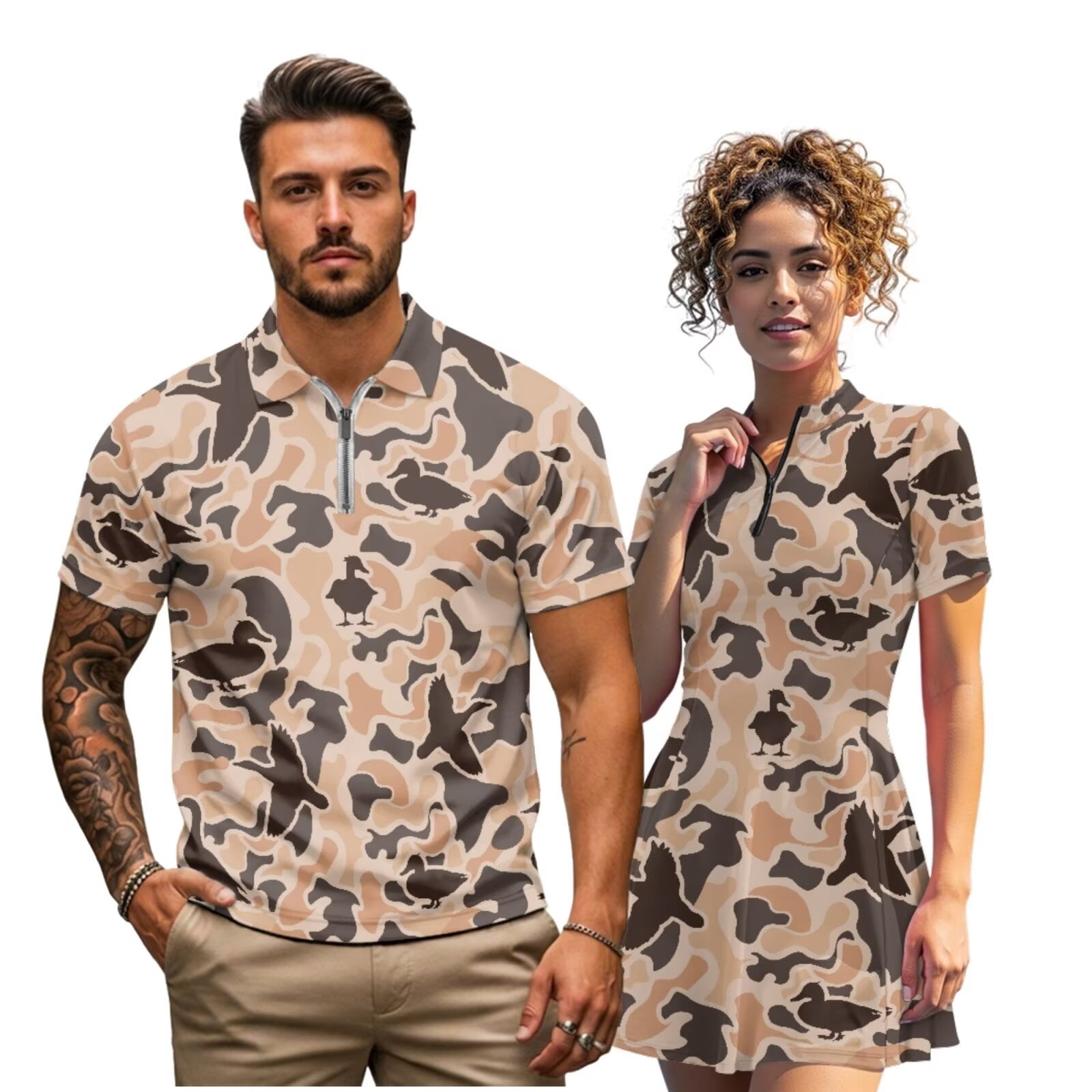 Binienty Tan Duck Camo Couple Golf Clothing Set Athletic Quarter Zip ...