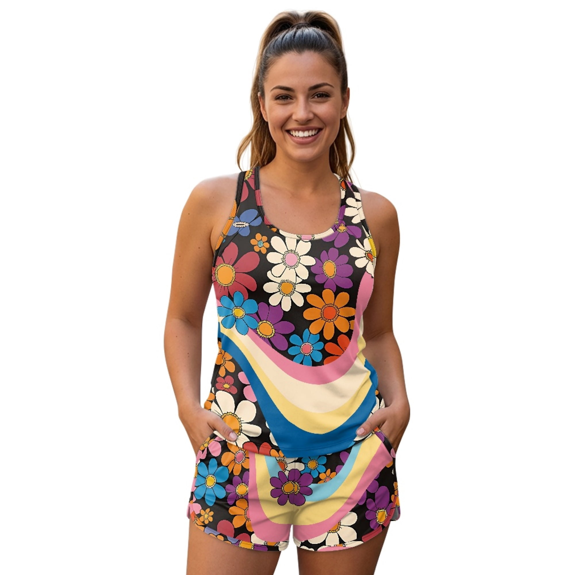 Binienty Tankini Swimming Suit, Flowers Pattern Side Pockets Stretch ...