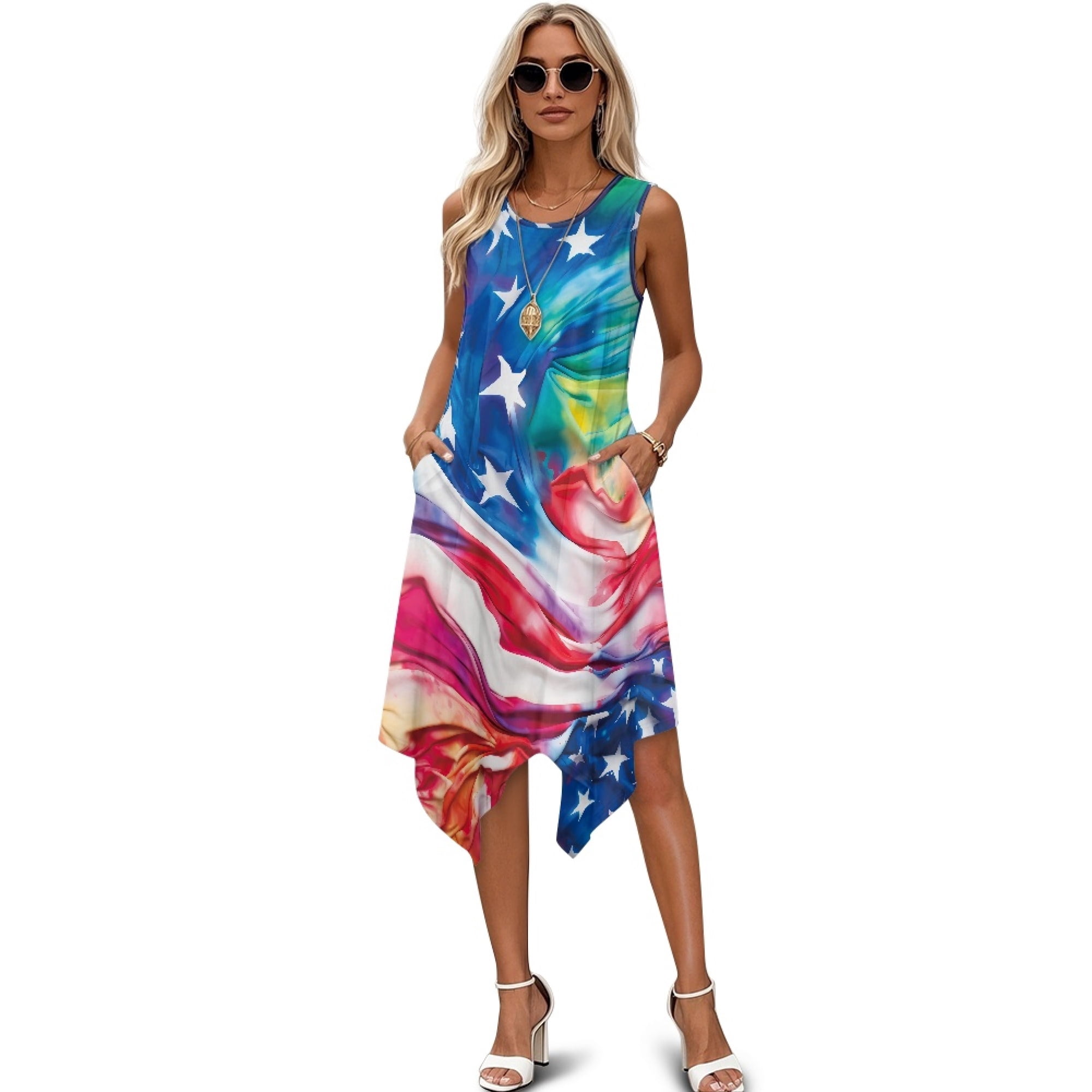 Binienty Tie Dye American Flag Sleeveless Sundress for Party Casual ...