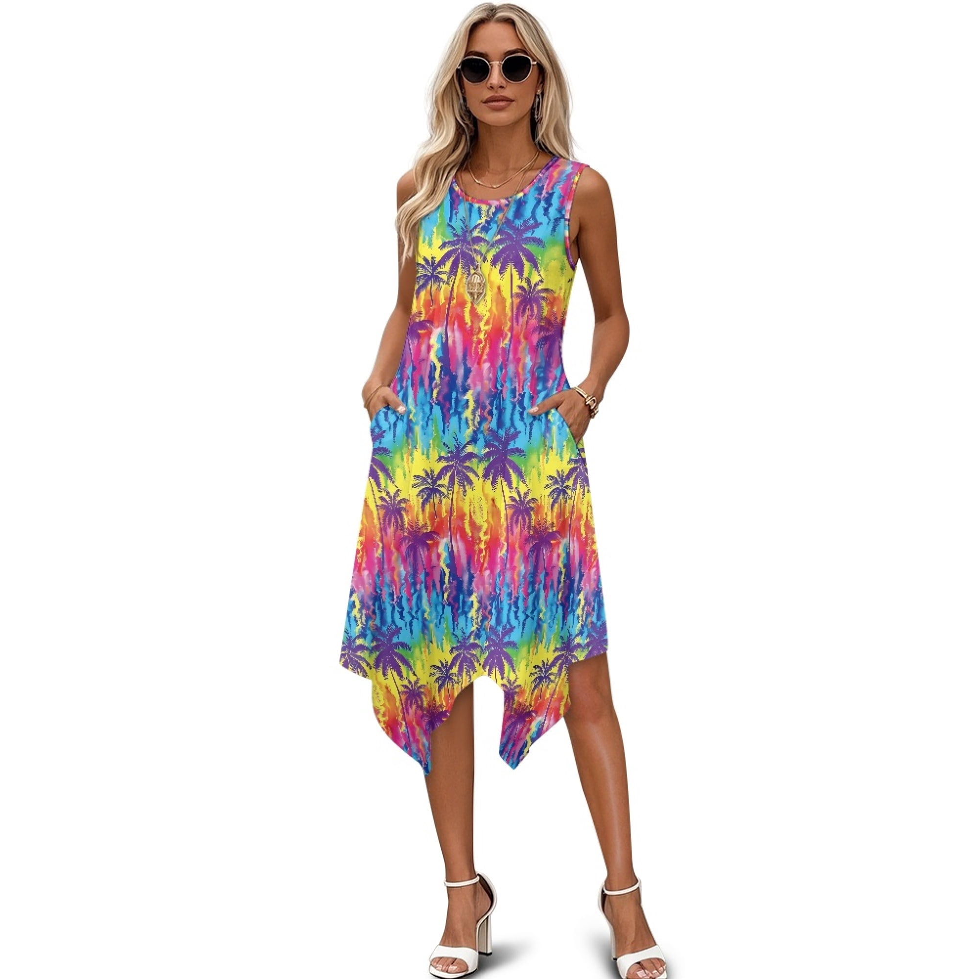 Binienty Tie Dye Palm Tree Sleeveless Sundress for Beach Vacation ...