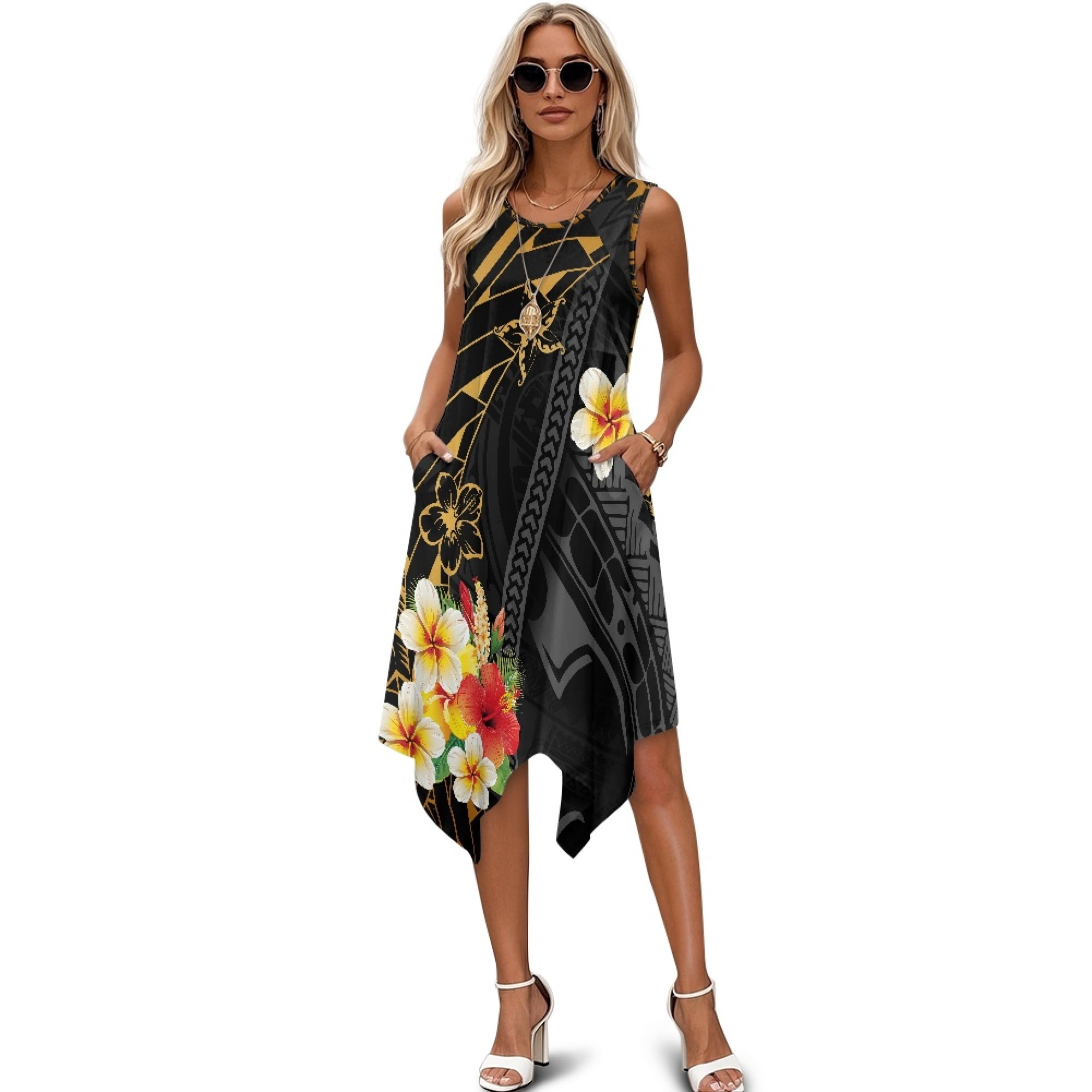 Binienty Tropical Flower Sleeveless Swing Pleated Dress, Round Neck ...