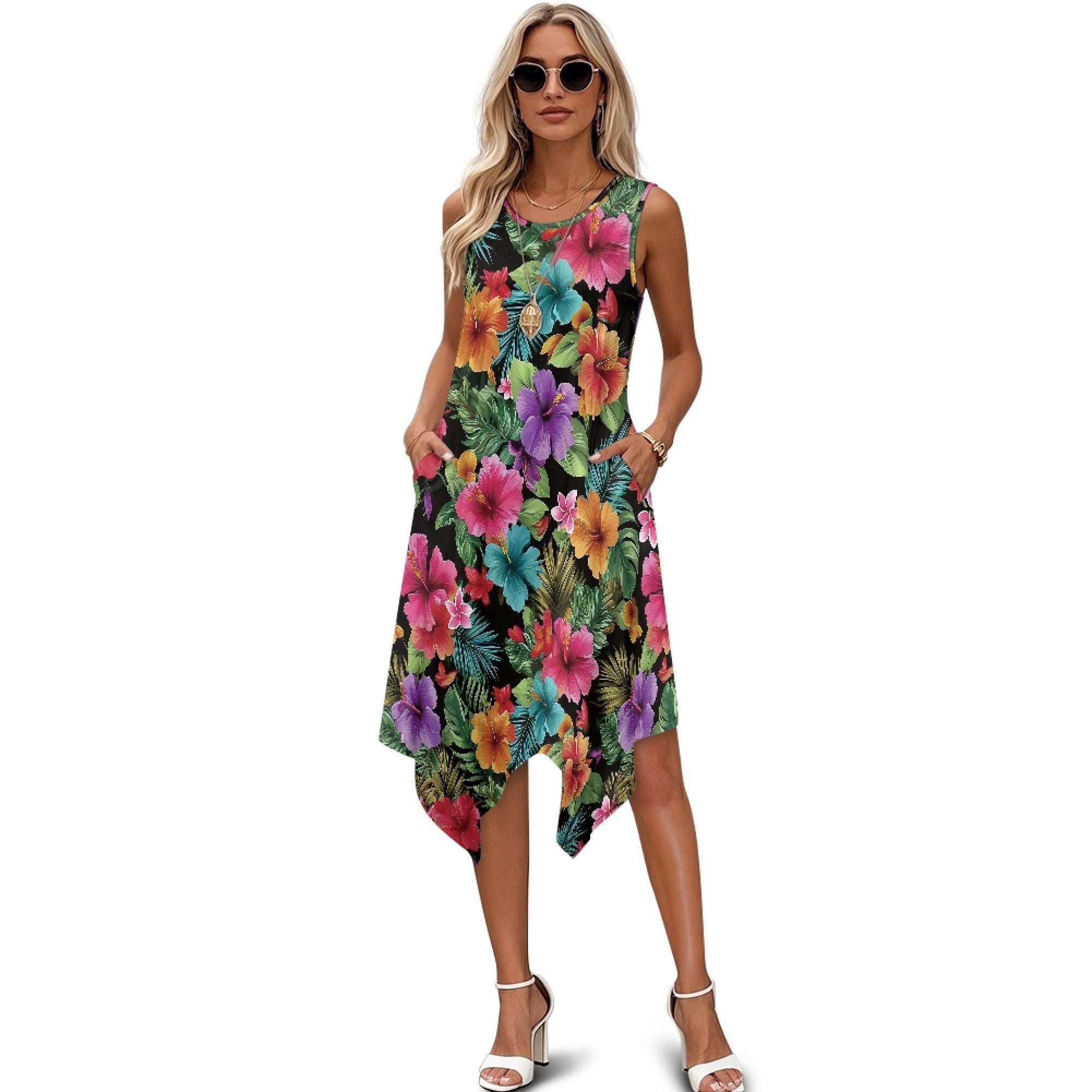 Binienty Tropical Flowers Black Beach Long Dresses, Round Neck ...