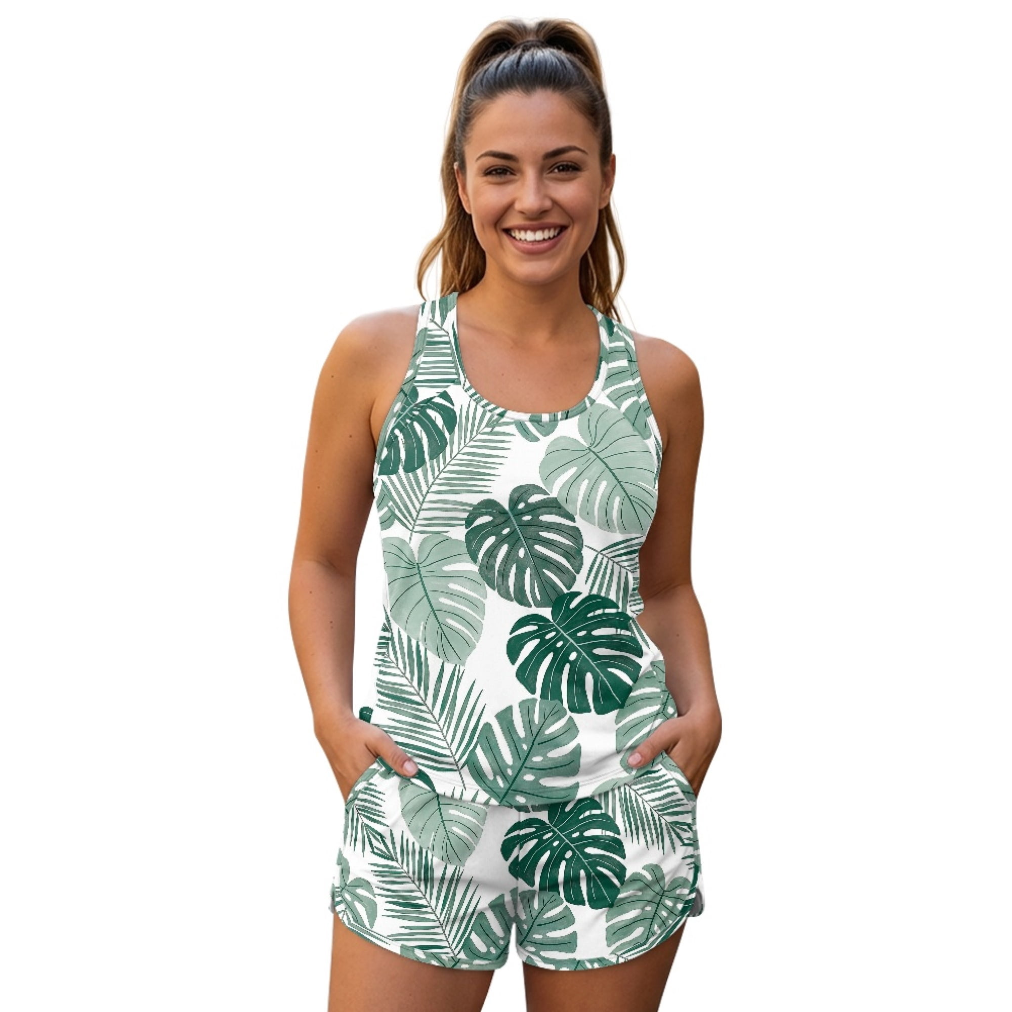 Binienty Tropical Palm Leaf Pattern Women's Tankini Shorts Set for Pool ...