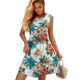 Binienty Tropical Palm Print Sleeveless Tiered Sundress, Smocked Mini ...