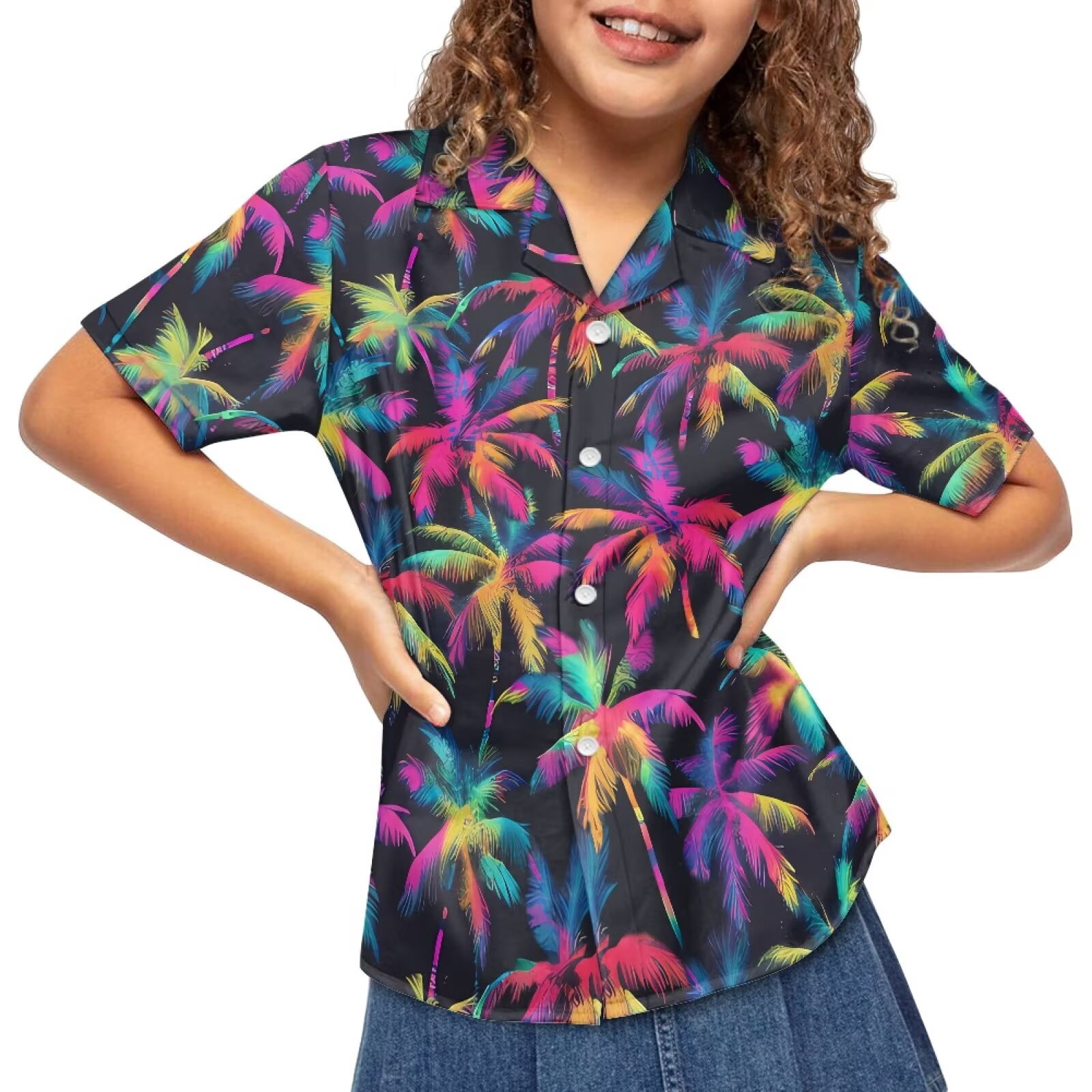Binienty Tropical Palm Tree Print Hawaiian Shirts For Kids 7-8 Girls ...