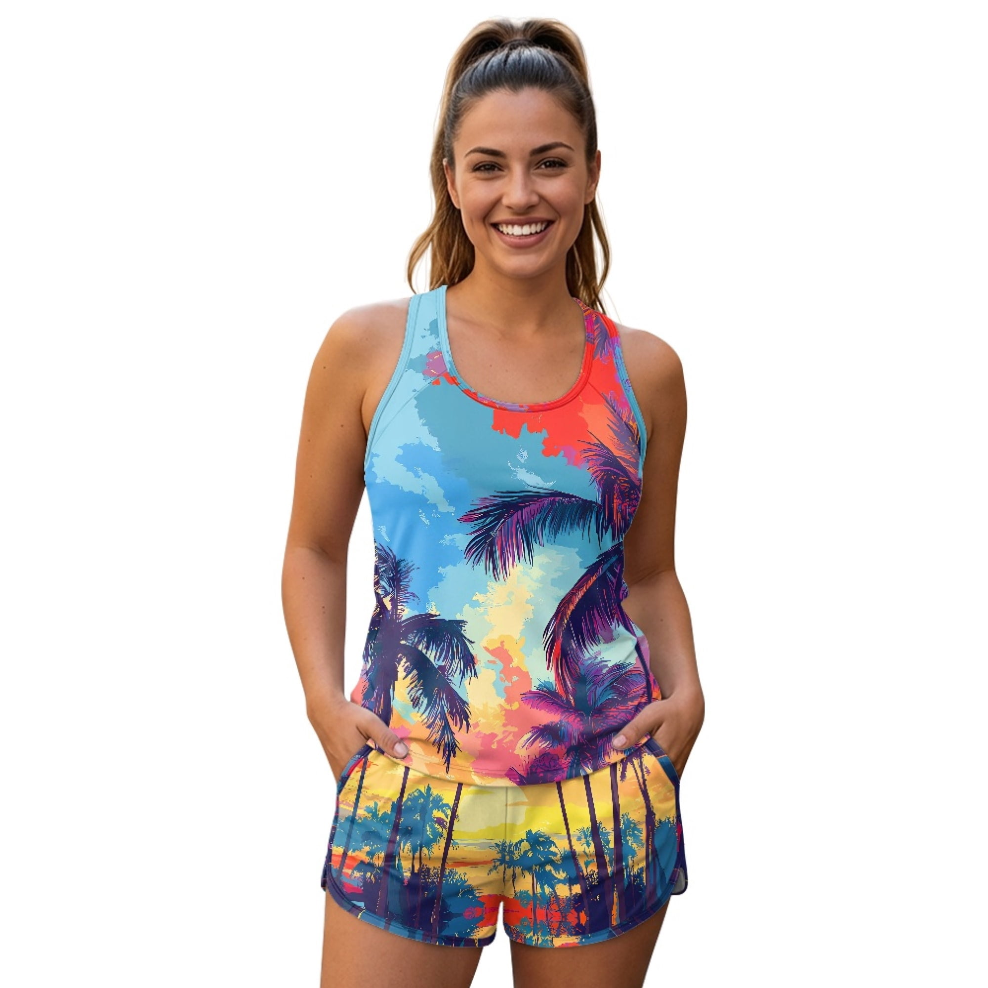 Binienty Tropical Palms Women's Tank Top Shorts Set, Side Pockets ...