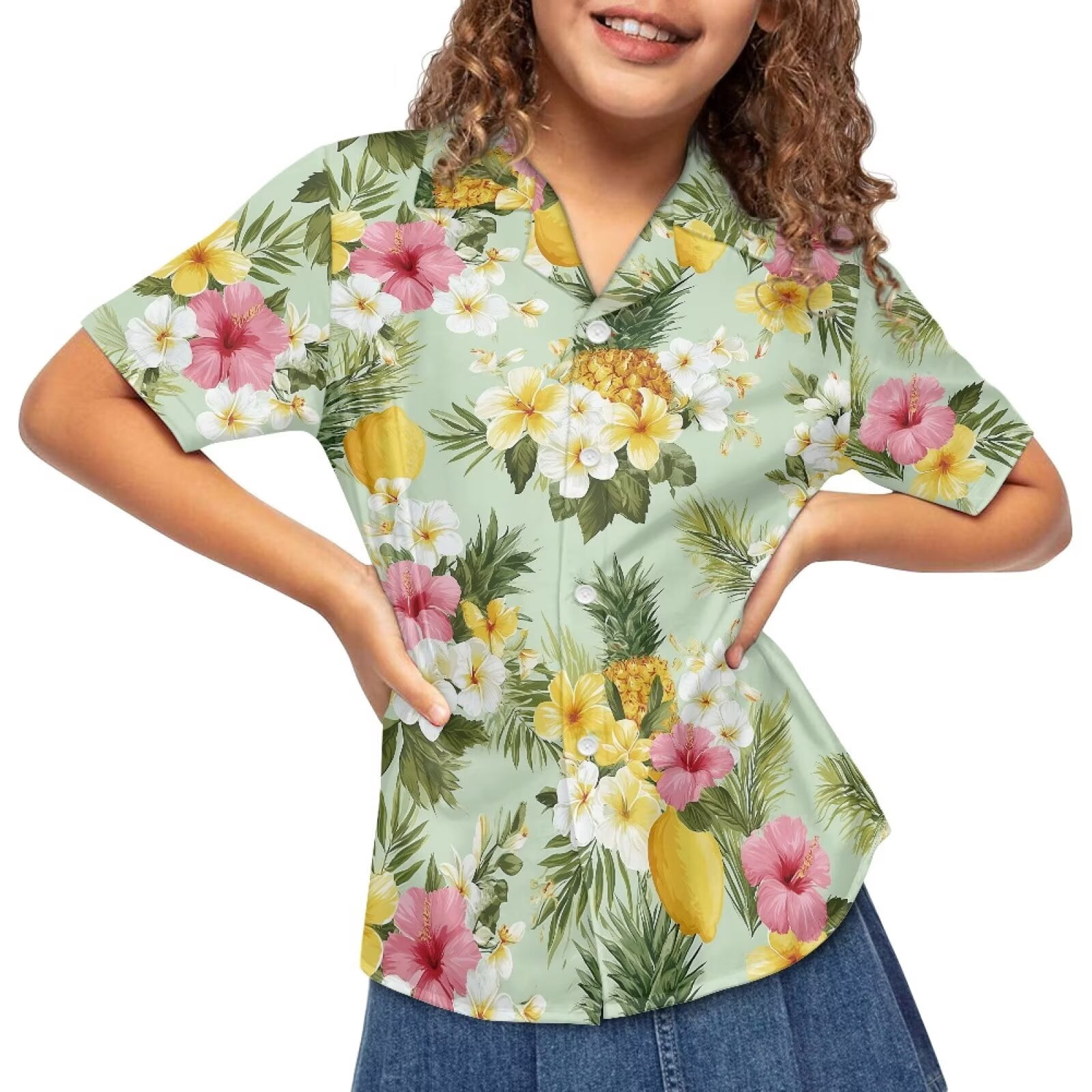 Binienty Tropical Pineapple Print Girls Hawaiian Shirt Size 8 Cuban ...